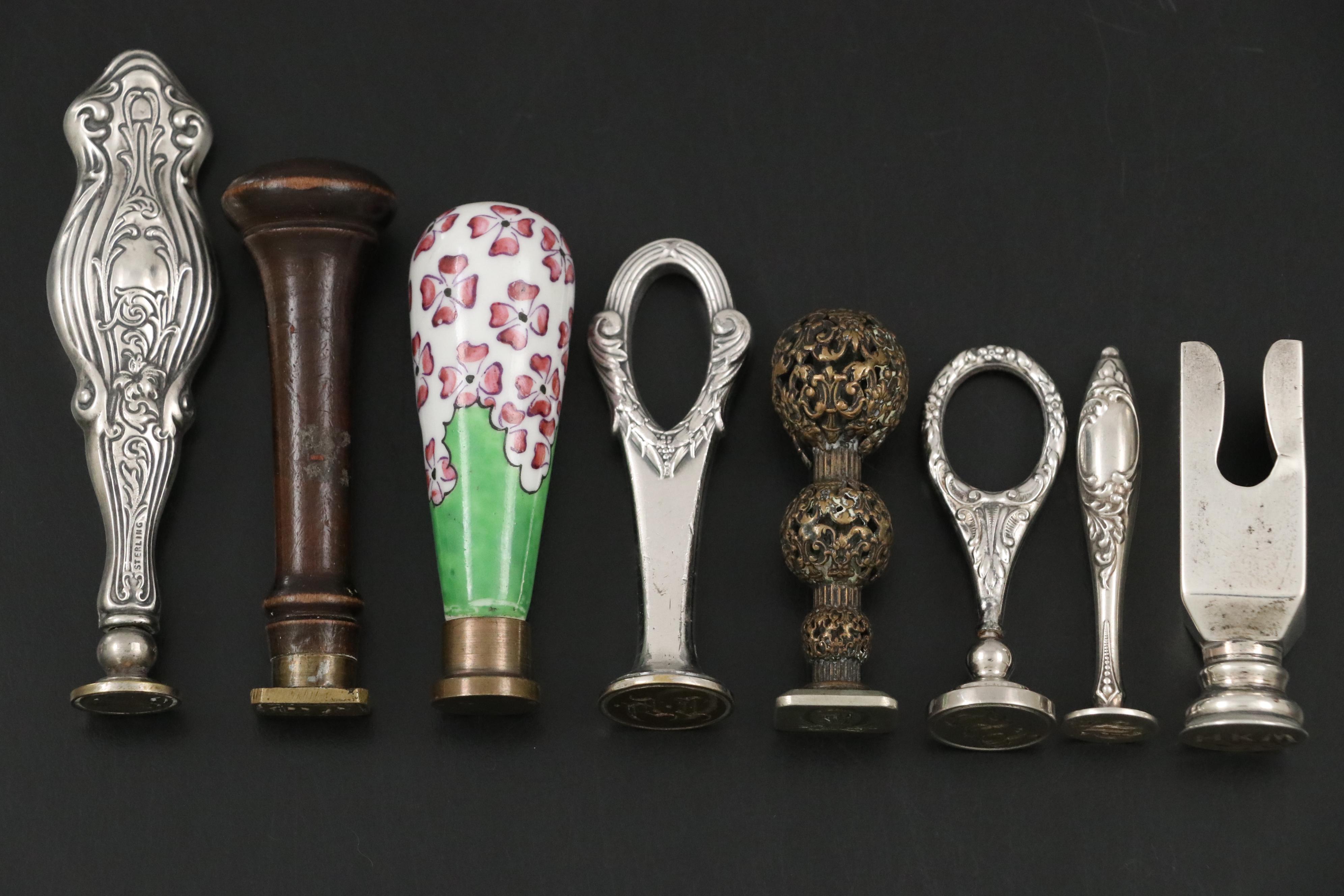 Porcelain Cane Handles with Sterling and Other Wax Seals and Sterling ...