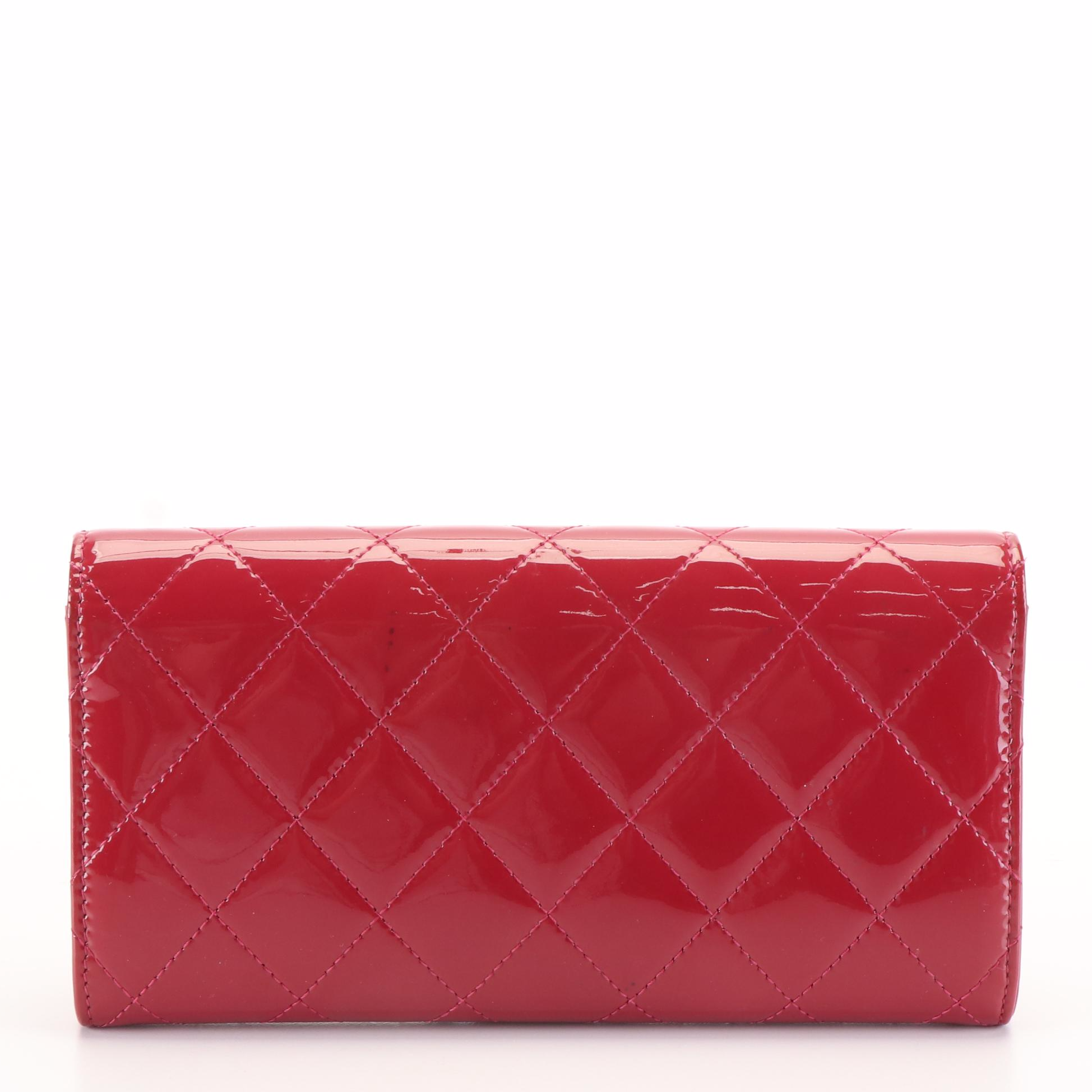 Chanel CC Logo Long Wallet in Raspberry Patent Matelassé Leather ...