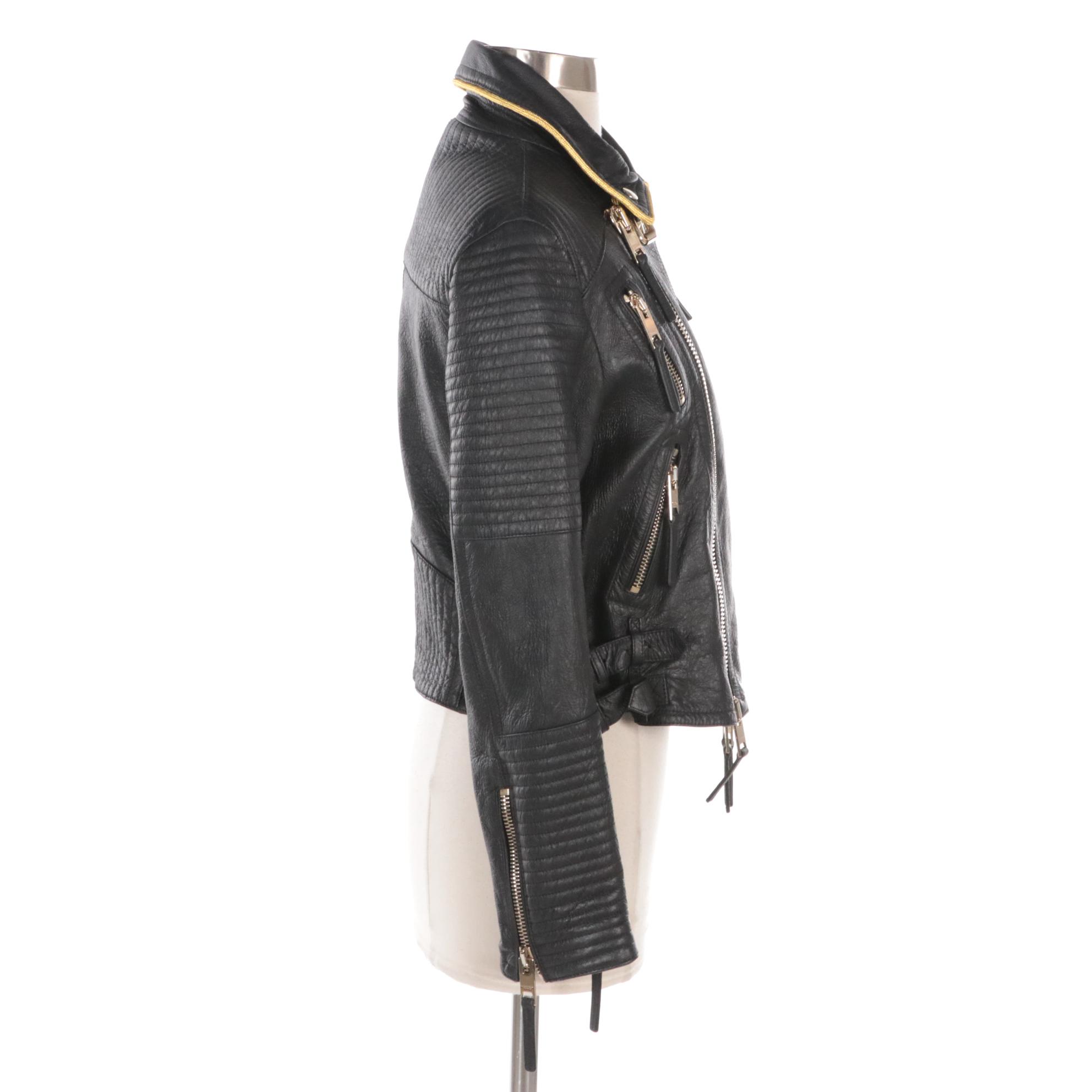 Burberry Black Prorsum Leather Buckled Moto Jacket with Gold Metallic ...
