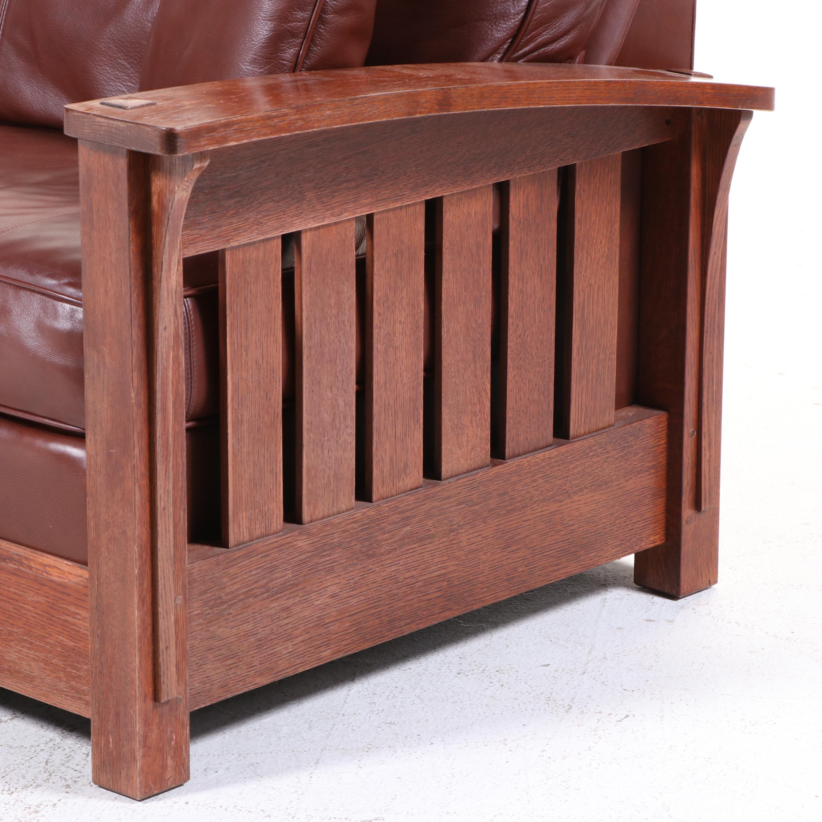 Stickley Arts and Crafts Style Quartersawn Oak and Leather Sleeper Sofa ...