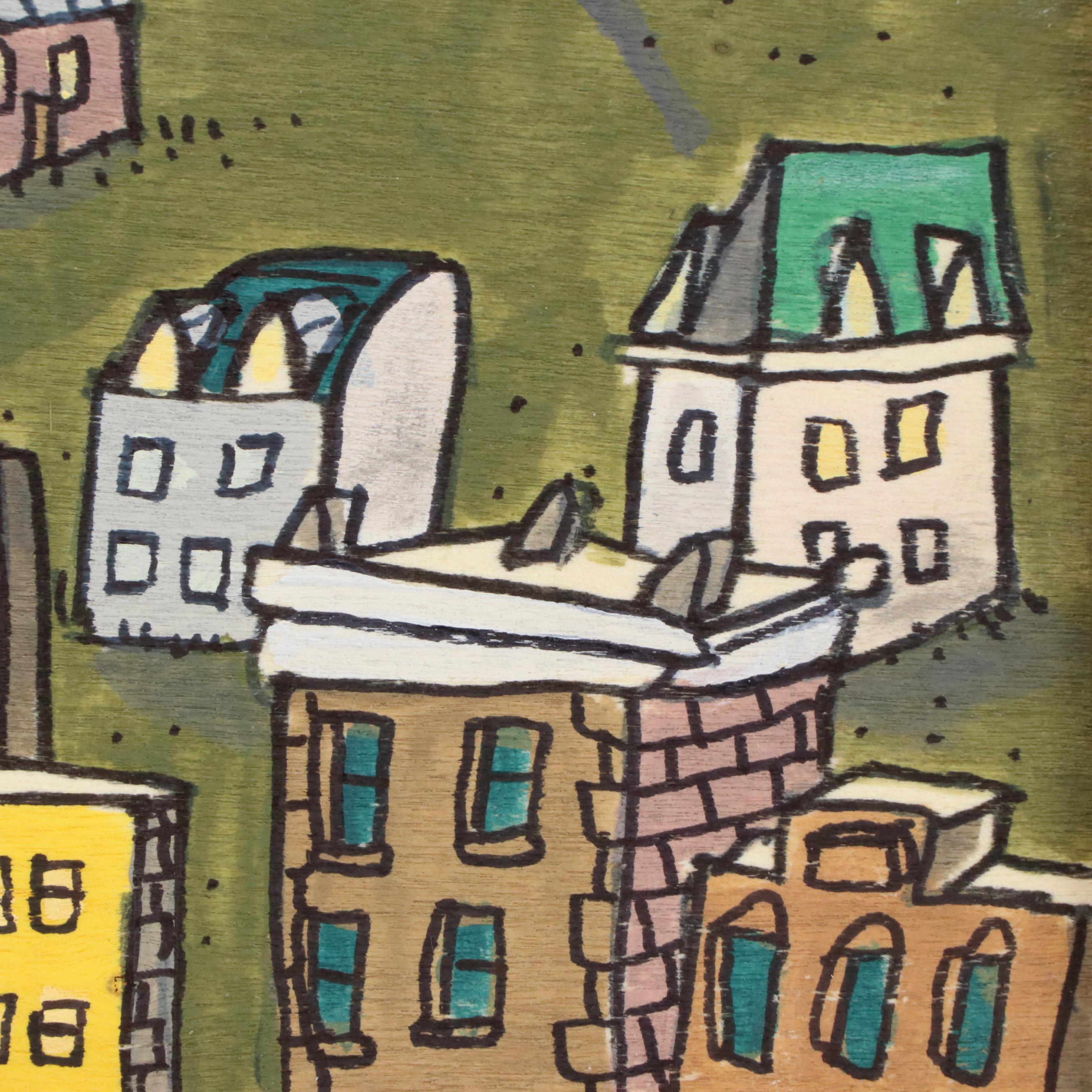 Aaron Wooten Stylized Townscape Acrylic Painting "Wind Turbines on a ...