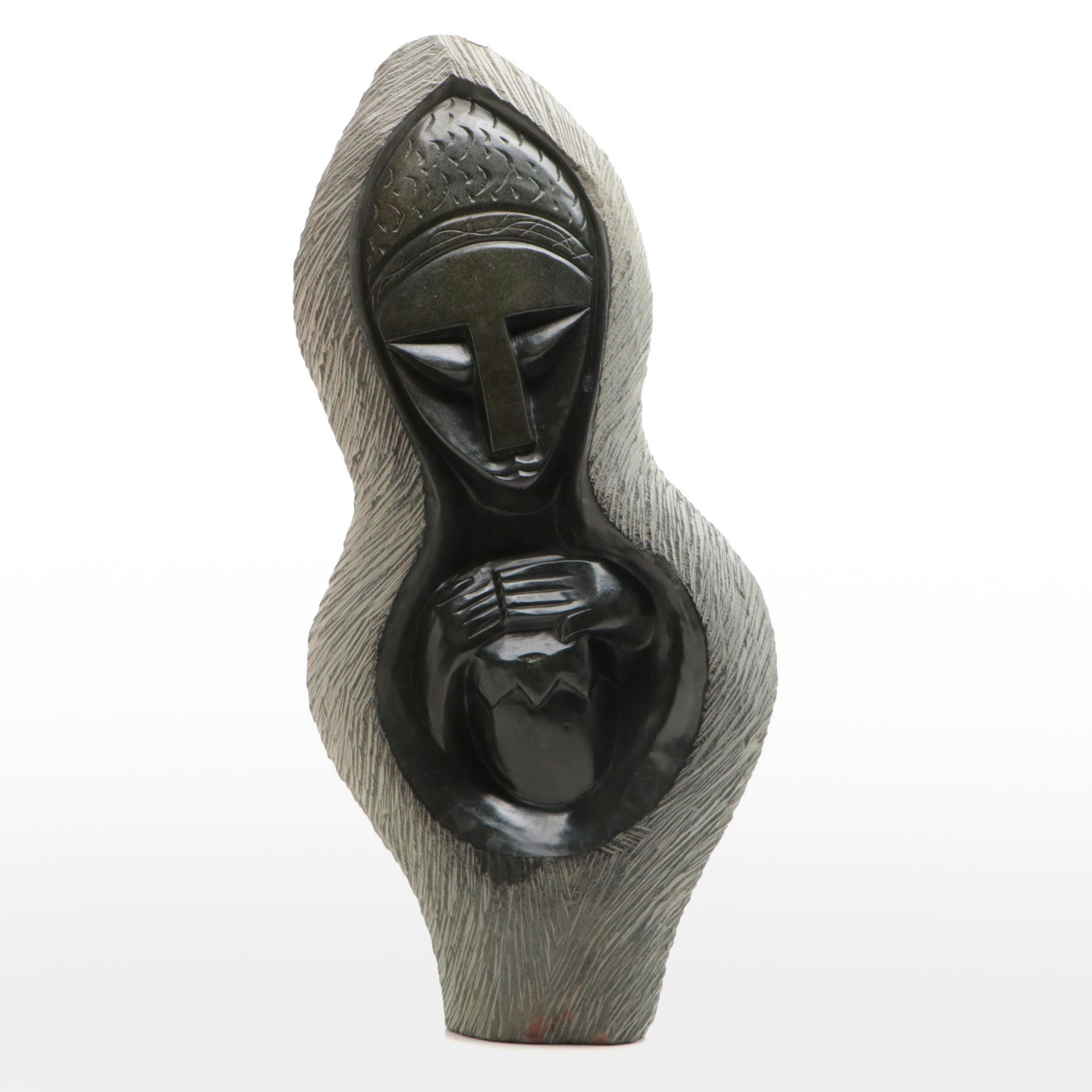 Unsigned Shona Hand-Carved Soapstone Cubist Mother and Baby Figure ...