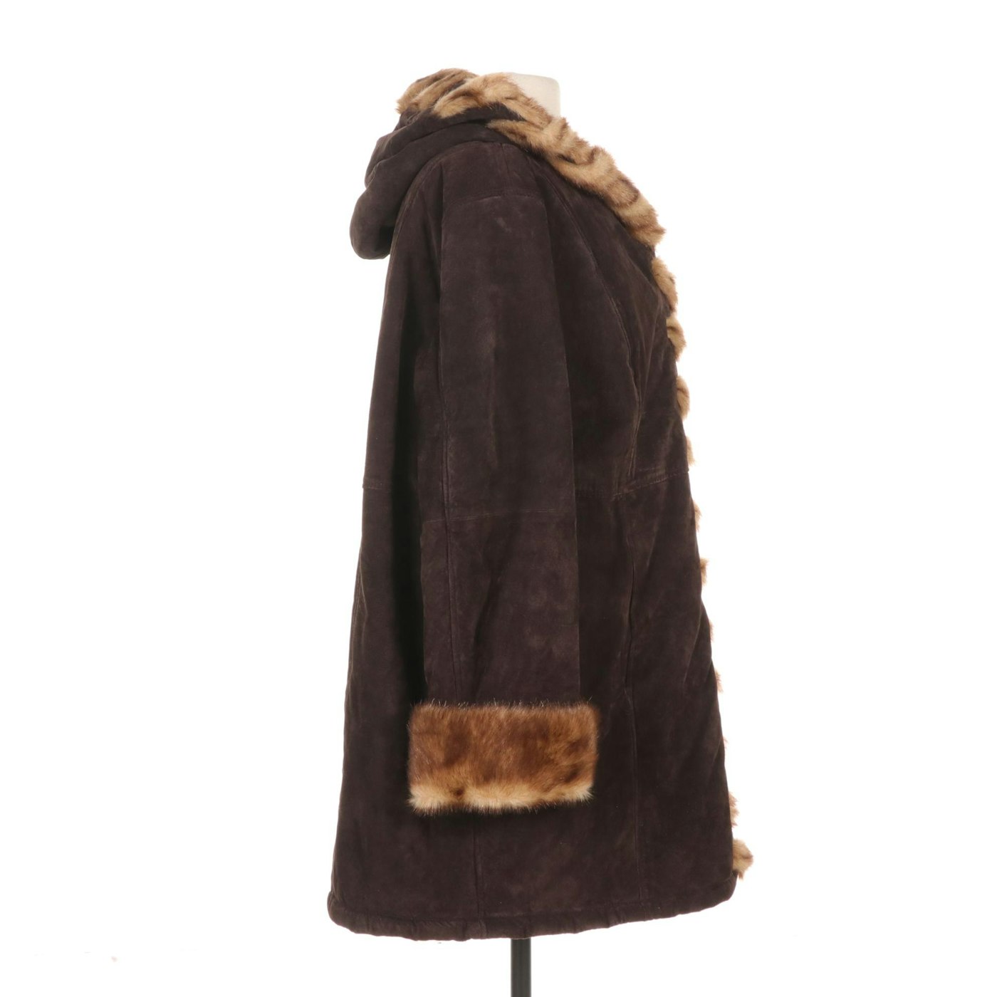 Dennis Basso Brown Suede And Faux Fur Hooded Coat Ebth