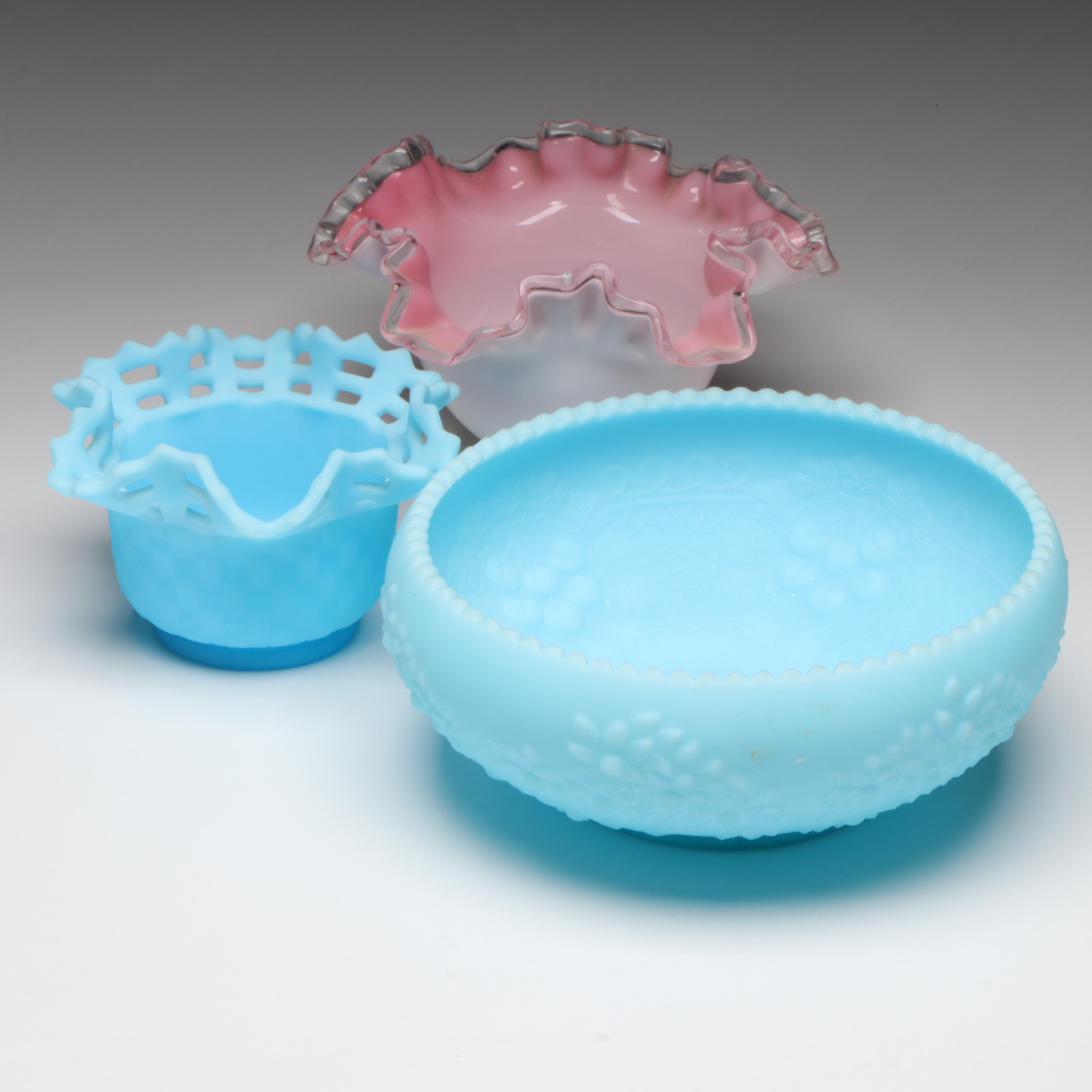 Fenton Blue Satin Fruit Bowl and Basketweave Bowl and Peach Crest ...