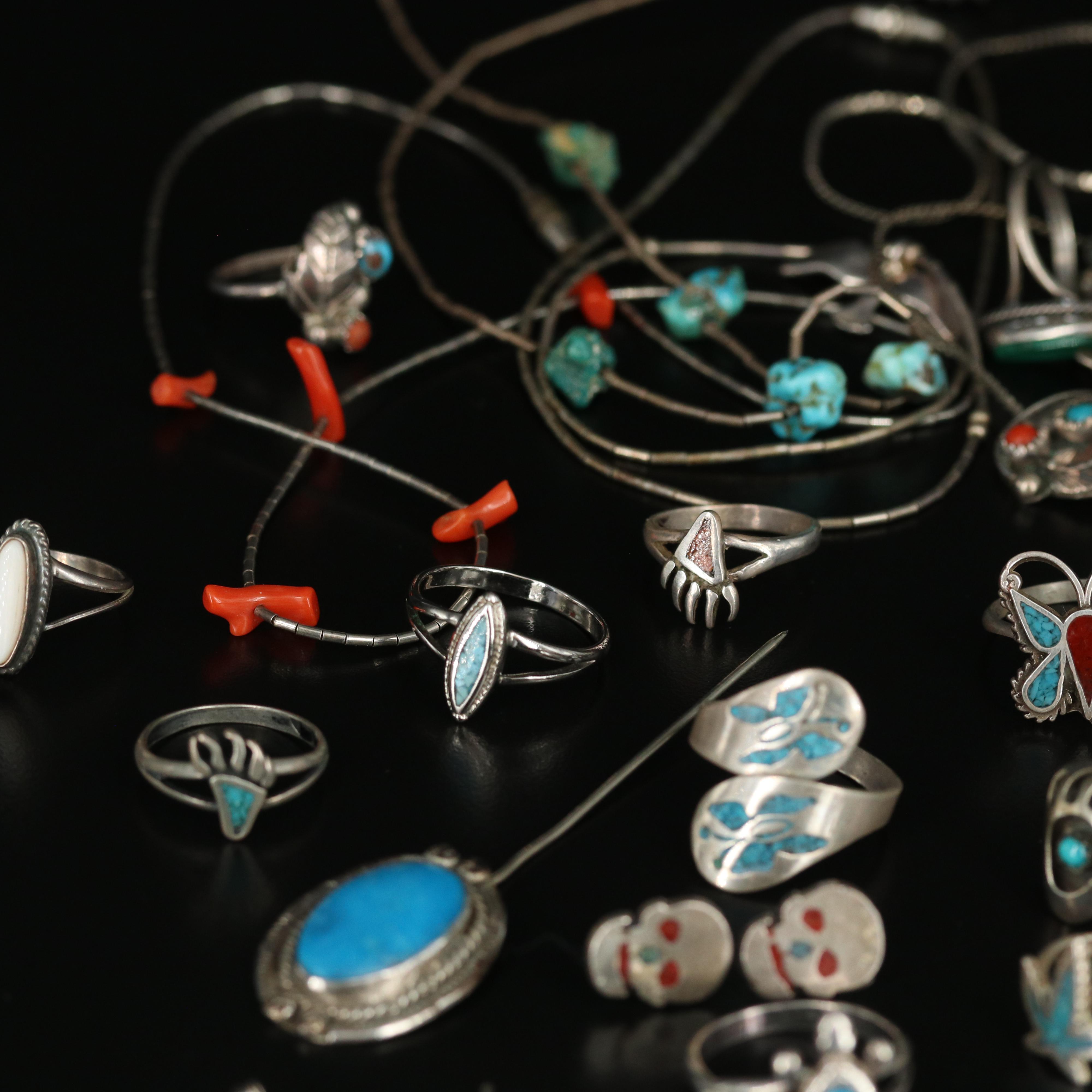 Jewelry Collection Including Sterling, Coral, Malachite and Turquoise ...