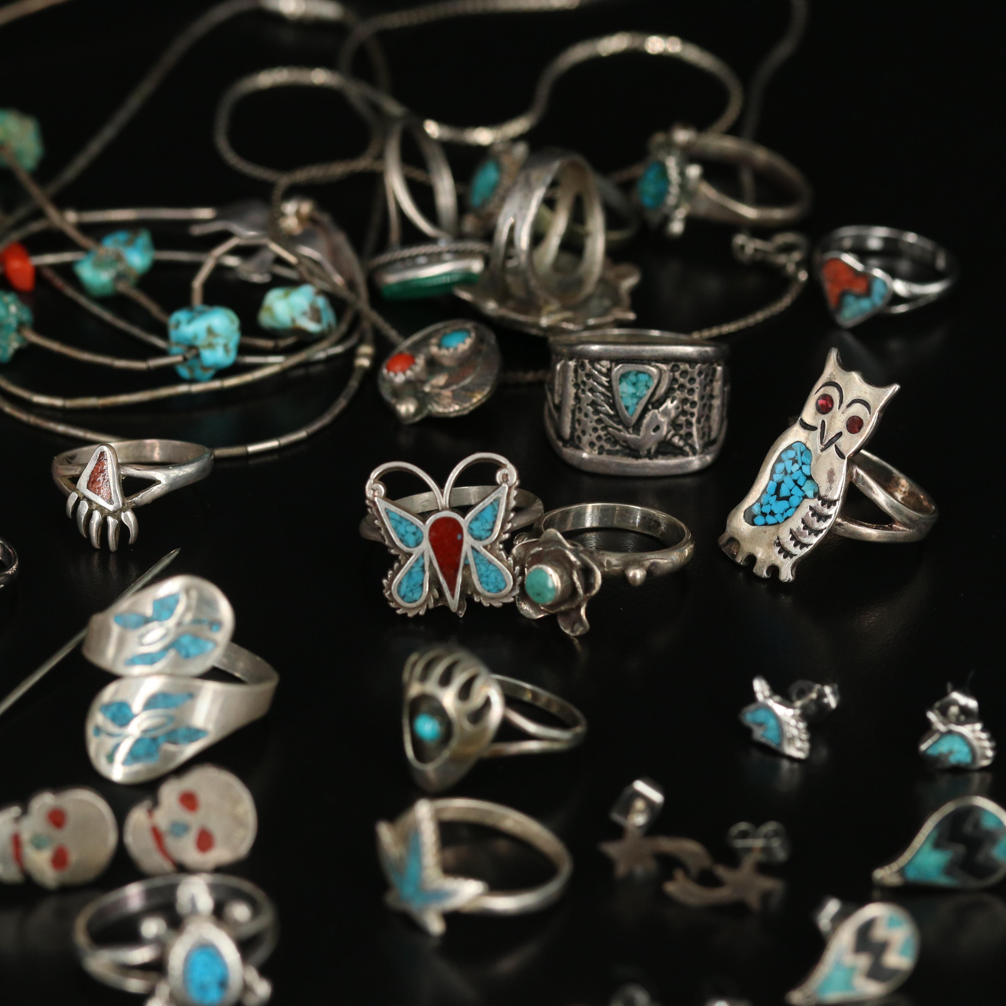 Jewelry Collection Including Sterling, Coral, Malachite and Turquoise ...