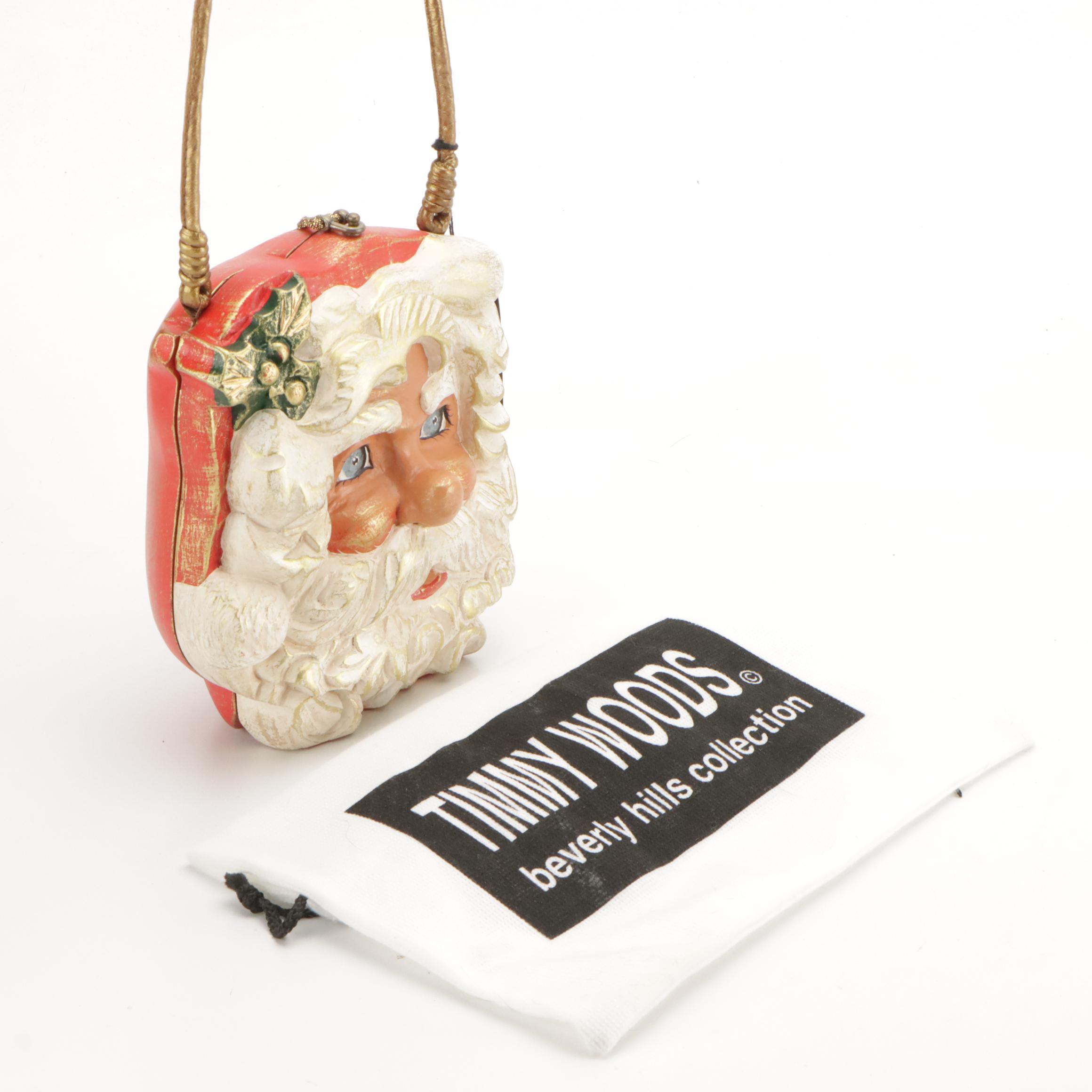 Timmy Woods Holly Berry Santa Purse in Sculpted Acacia Wood with Tag | EBTH