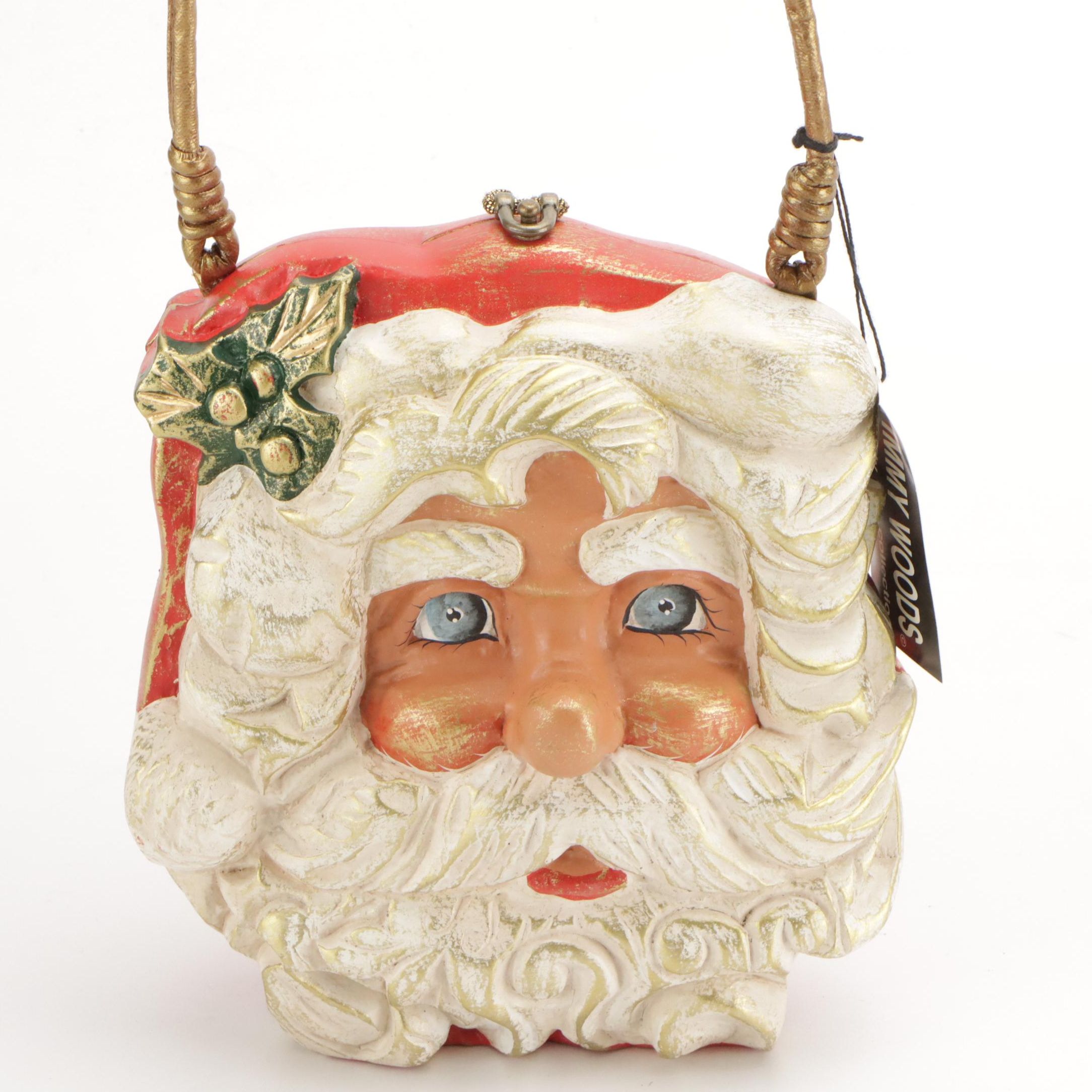 Timmy Woods Holly Berry Santa Purse in Sculpted Acacia Wood with Tag | EBTH