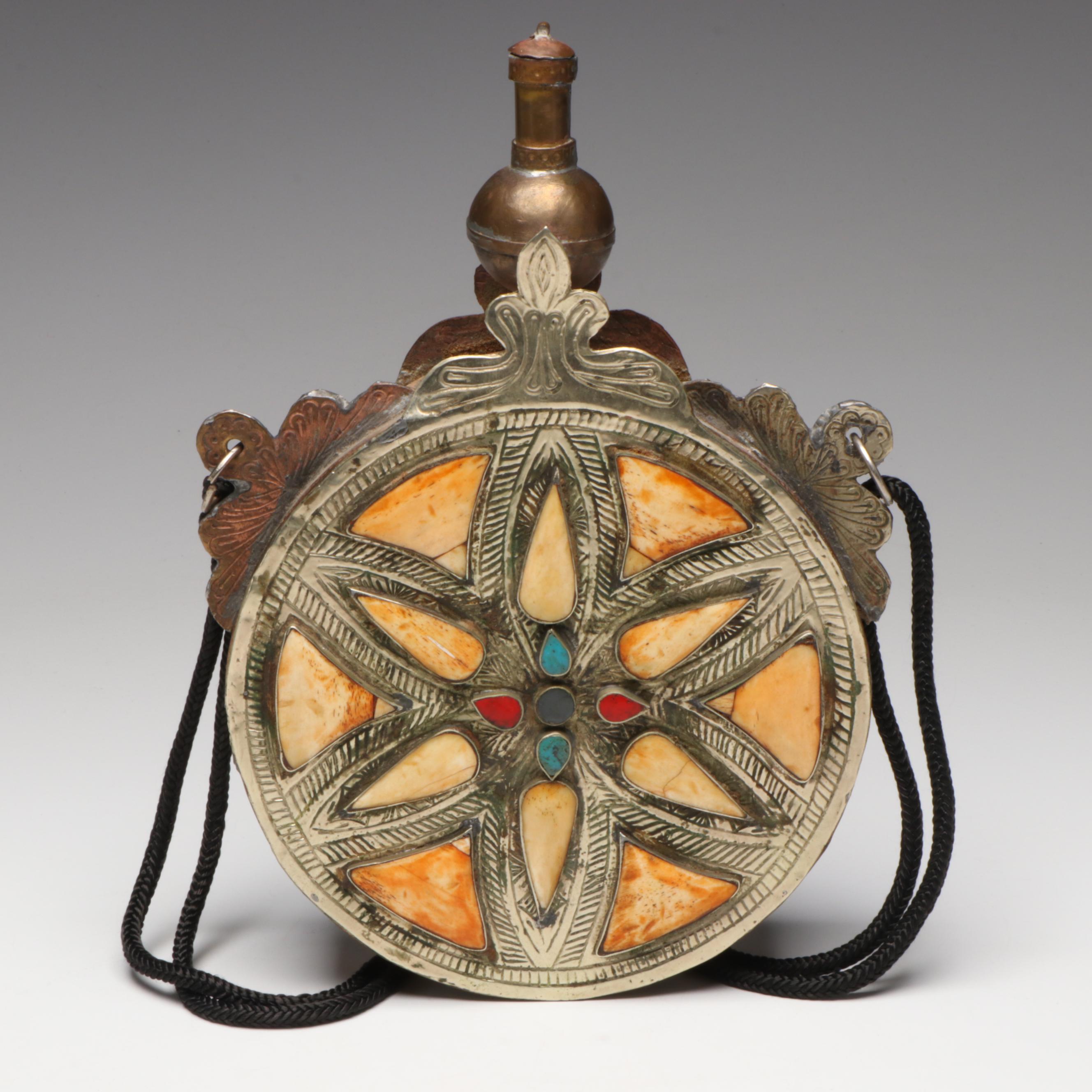 Antique Moroccan Metalwork and Bone Inlay Powder Flask | EBTH