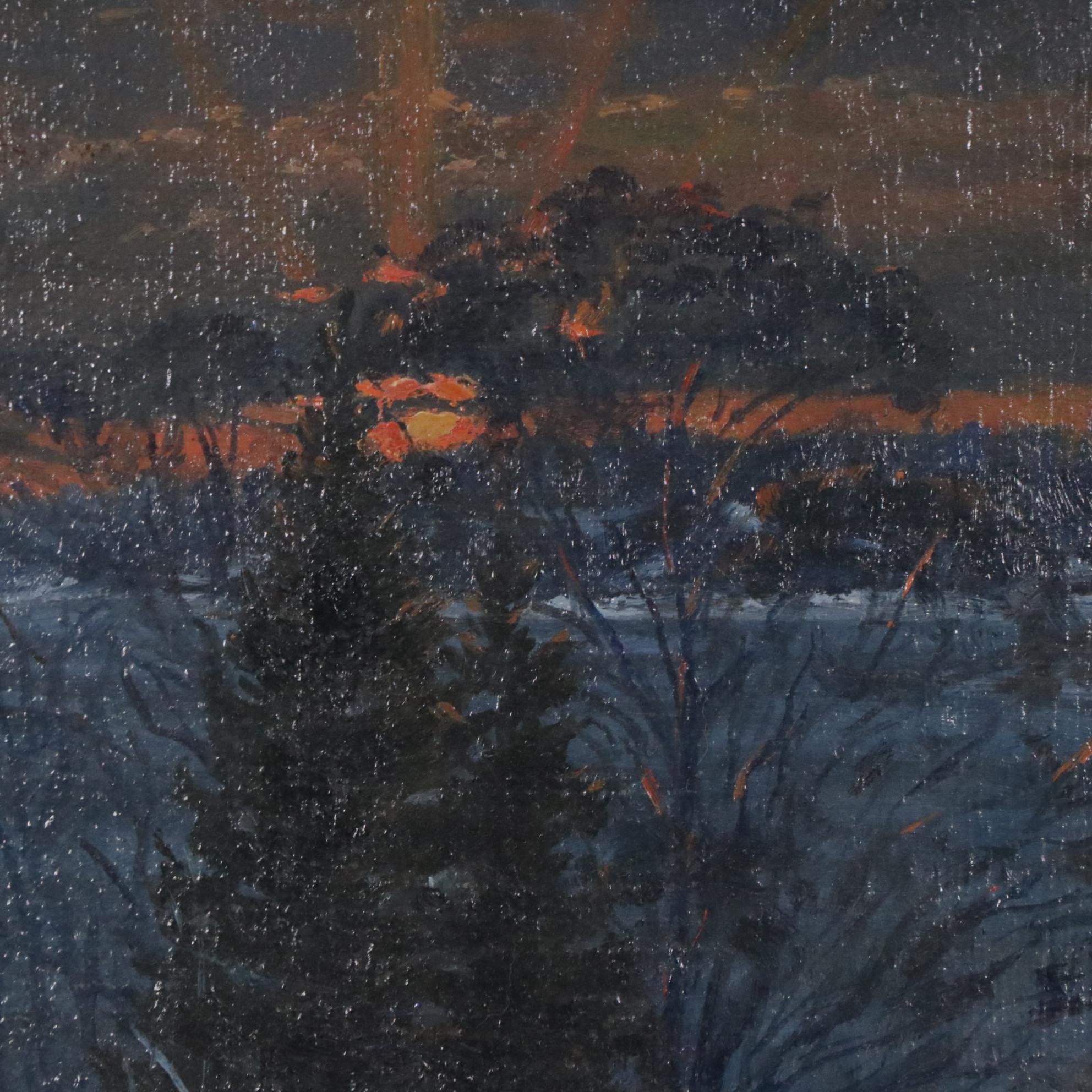 V. Stenberg Residential Winter Oil Painting of Rooftops at Twilight ...