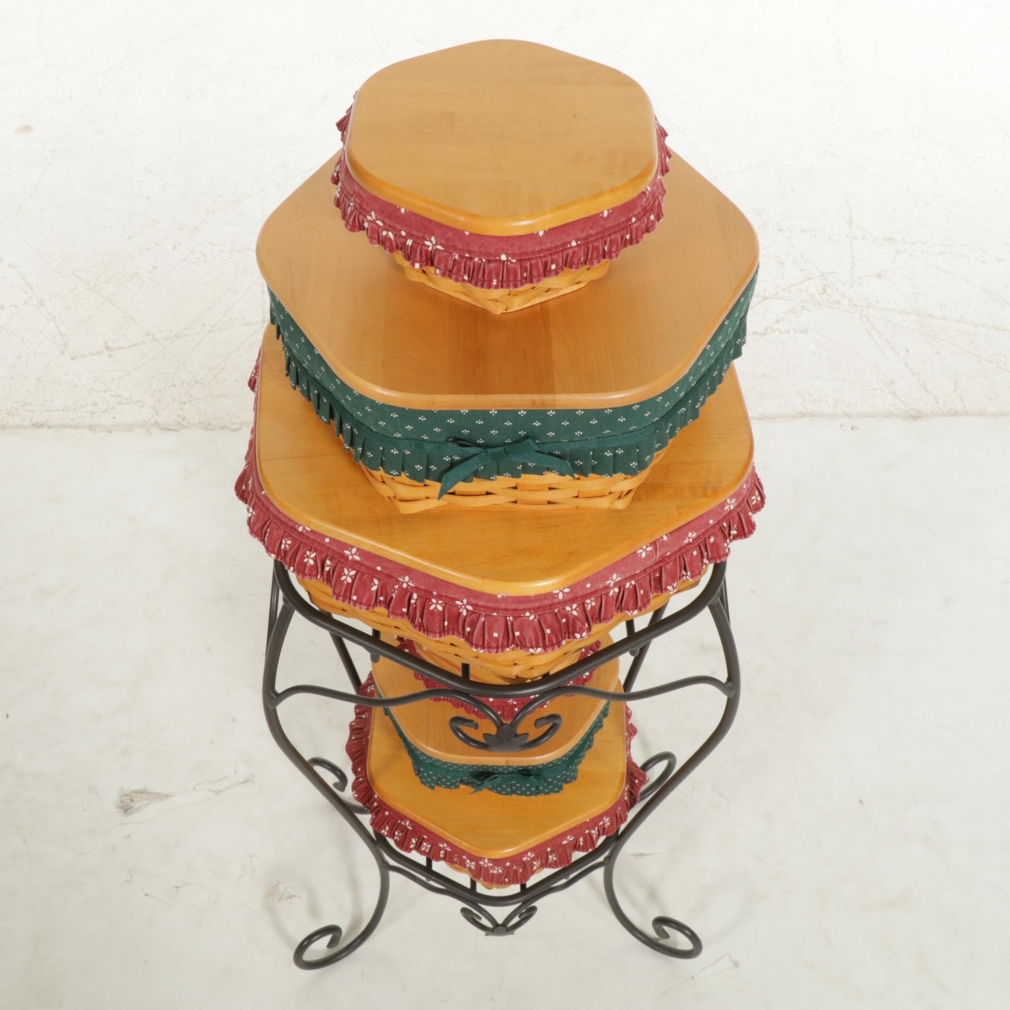 Longaberger Hexagonal Lidded Baskets and Bent Metal Stand | EBTH