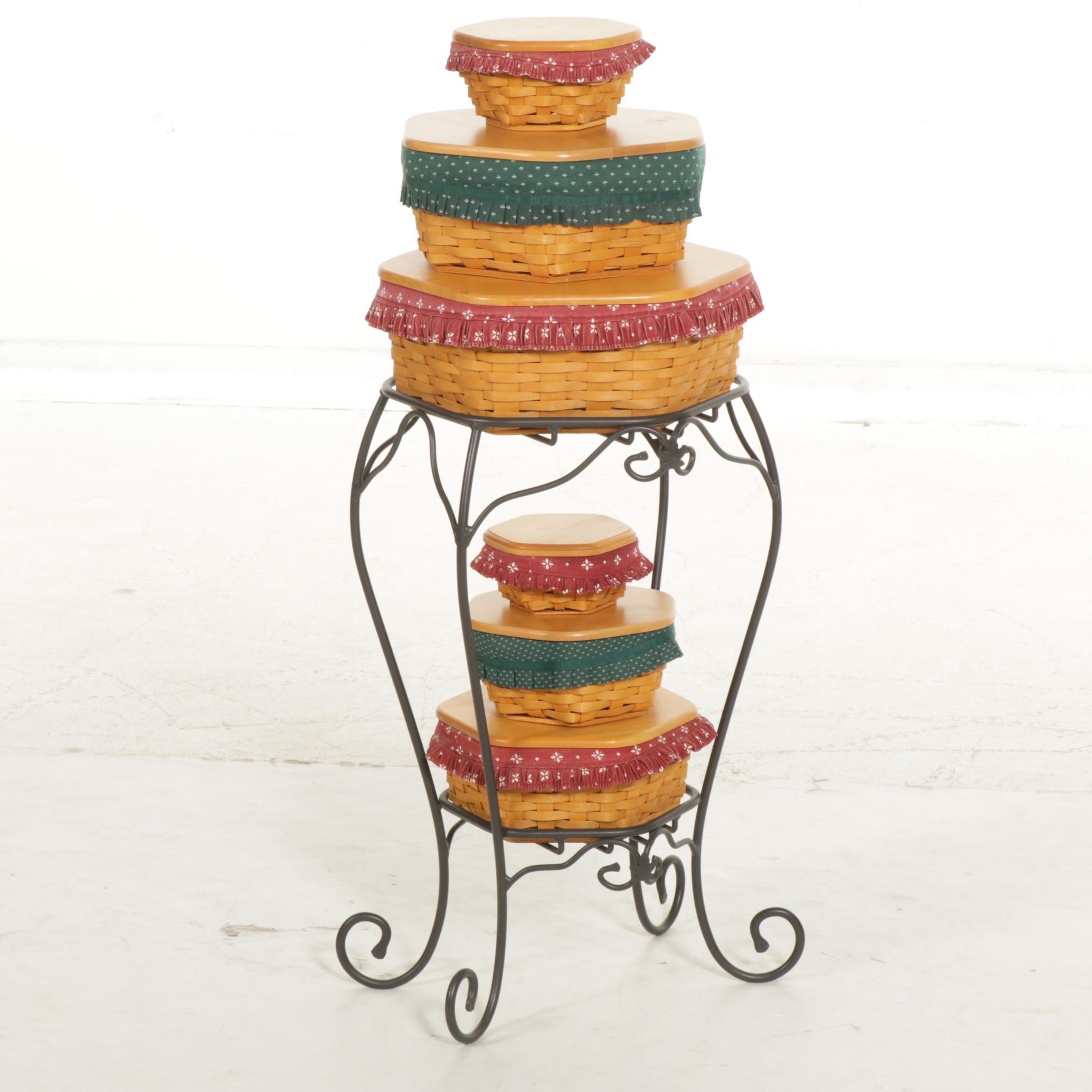 Longaberger Hexagonal Lidded Baskets and Bent Metal Stand | EBTH