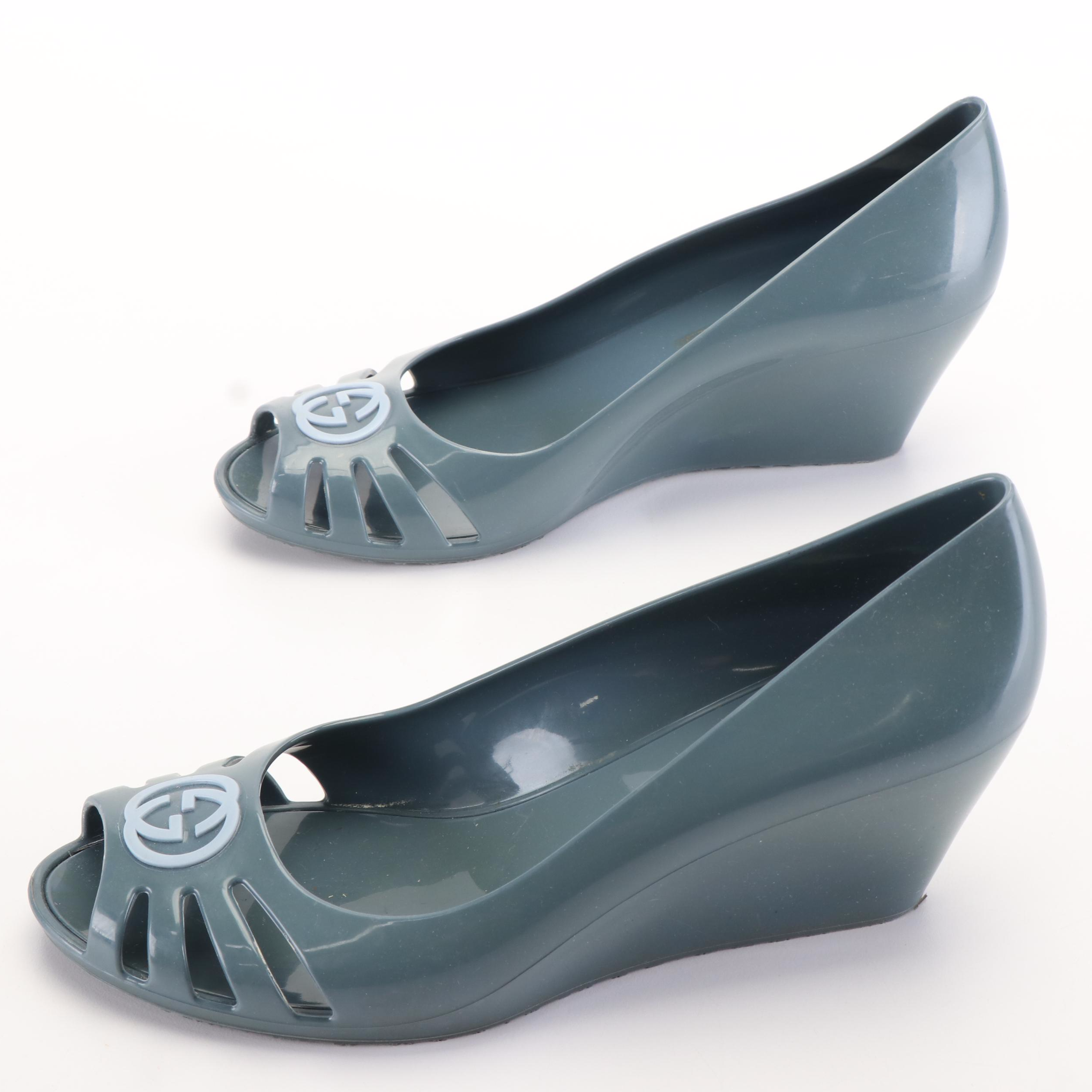 Gucci Marola Peep Toe Wedge Pumps in Interlocking GG Smoky Blue Jelly ...