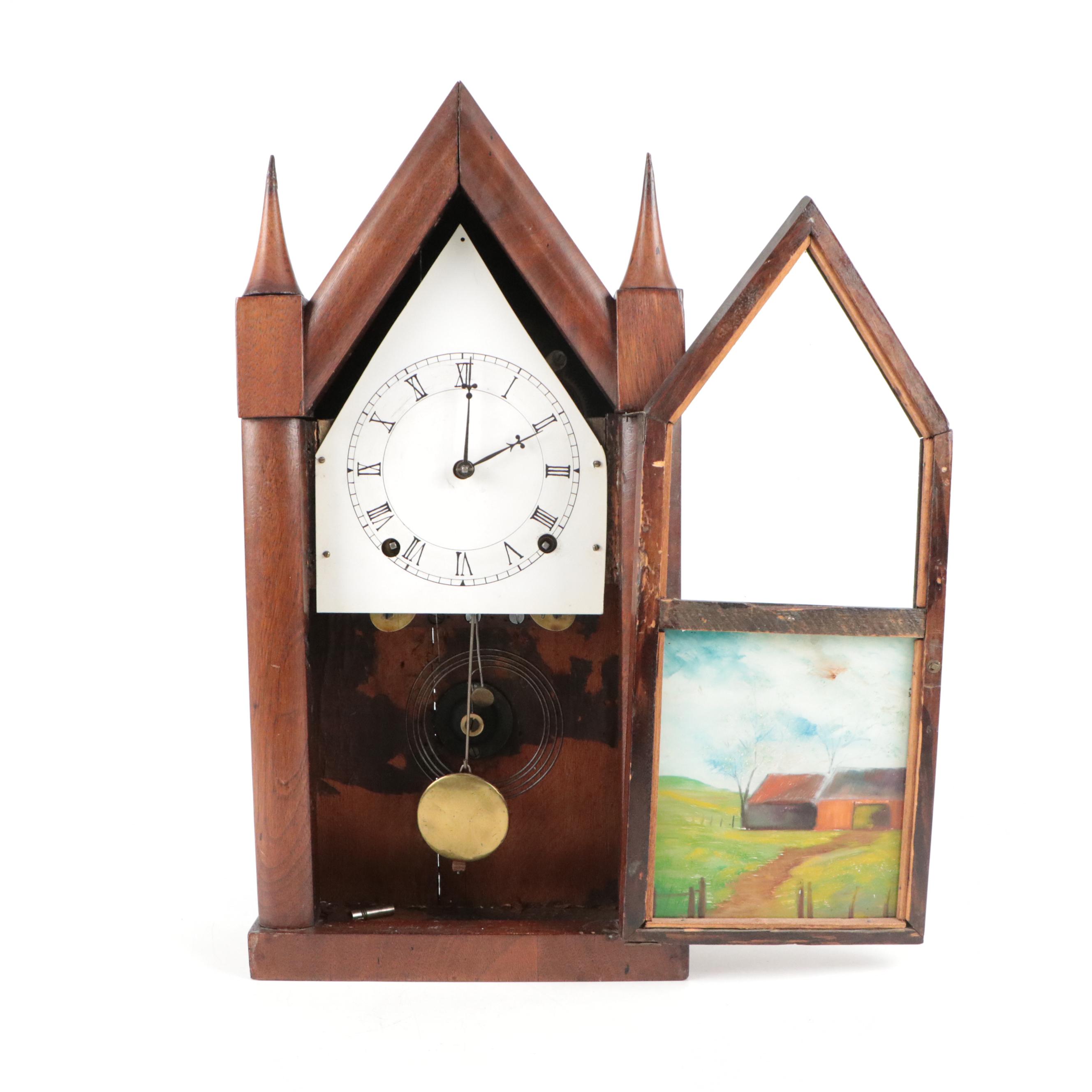 Wooden Reverse Painted Steeple Clock with Country Scene, Early 20th ...