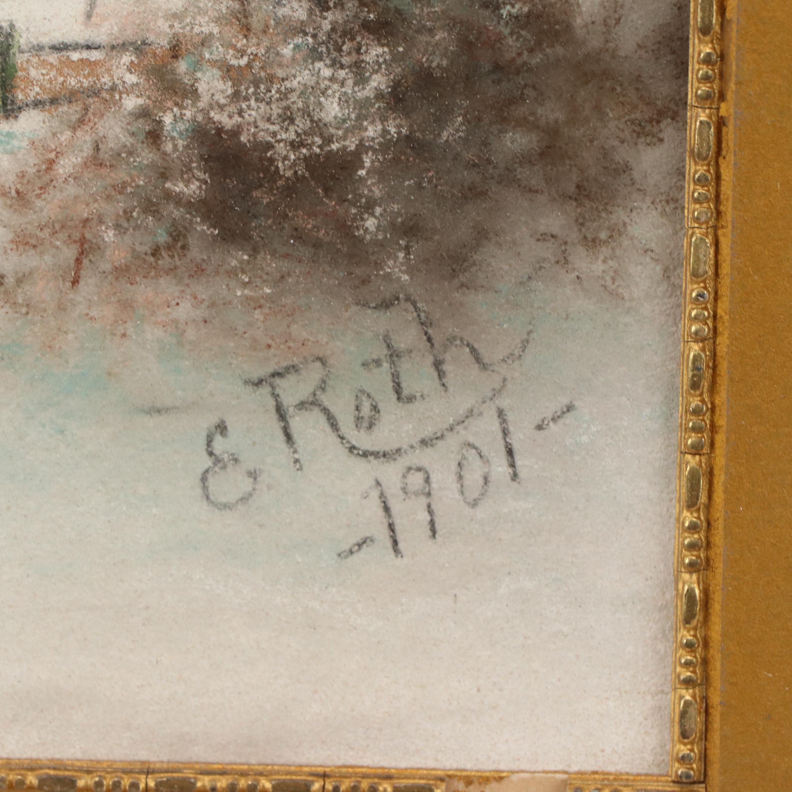 E. Roth Pastel Drawing of Snowy Landscape, 1901 | EBTH