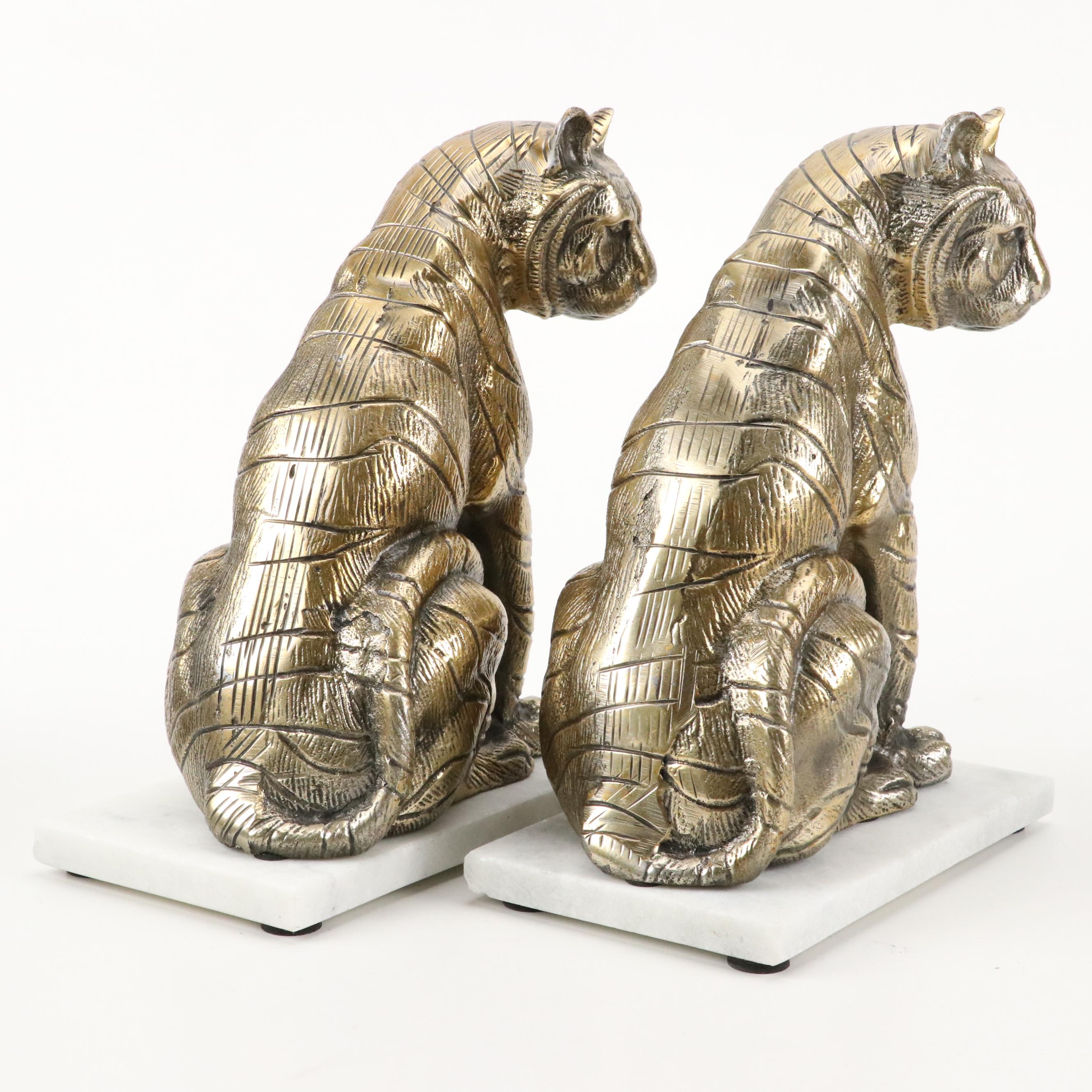Gilt Metal Tiger Bookends on Stone with Kenyan Carved Stone Elephant | EBTH