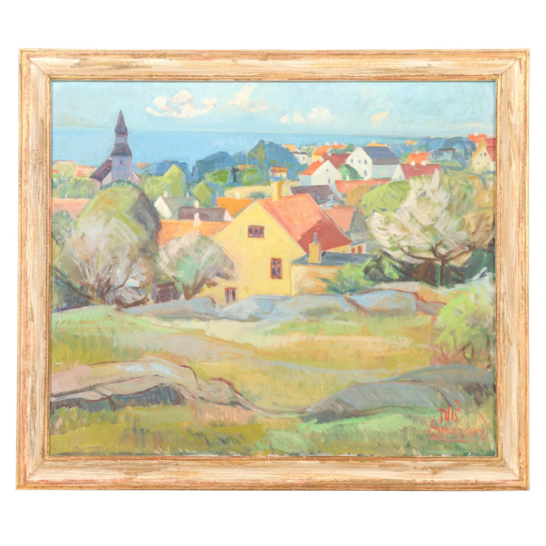 Nis Stougaard Coastal Village Landscape Oil Painting | EBTH