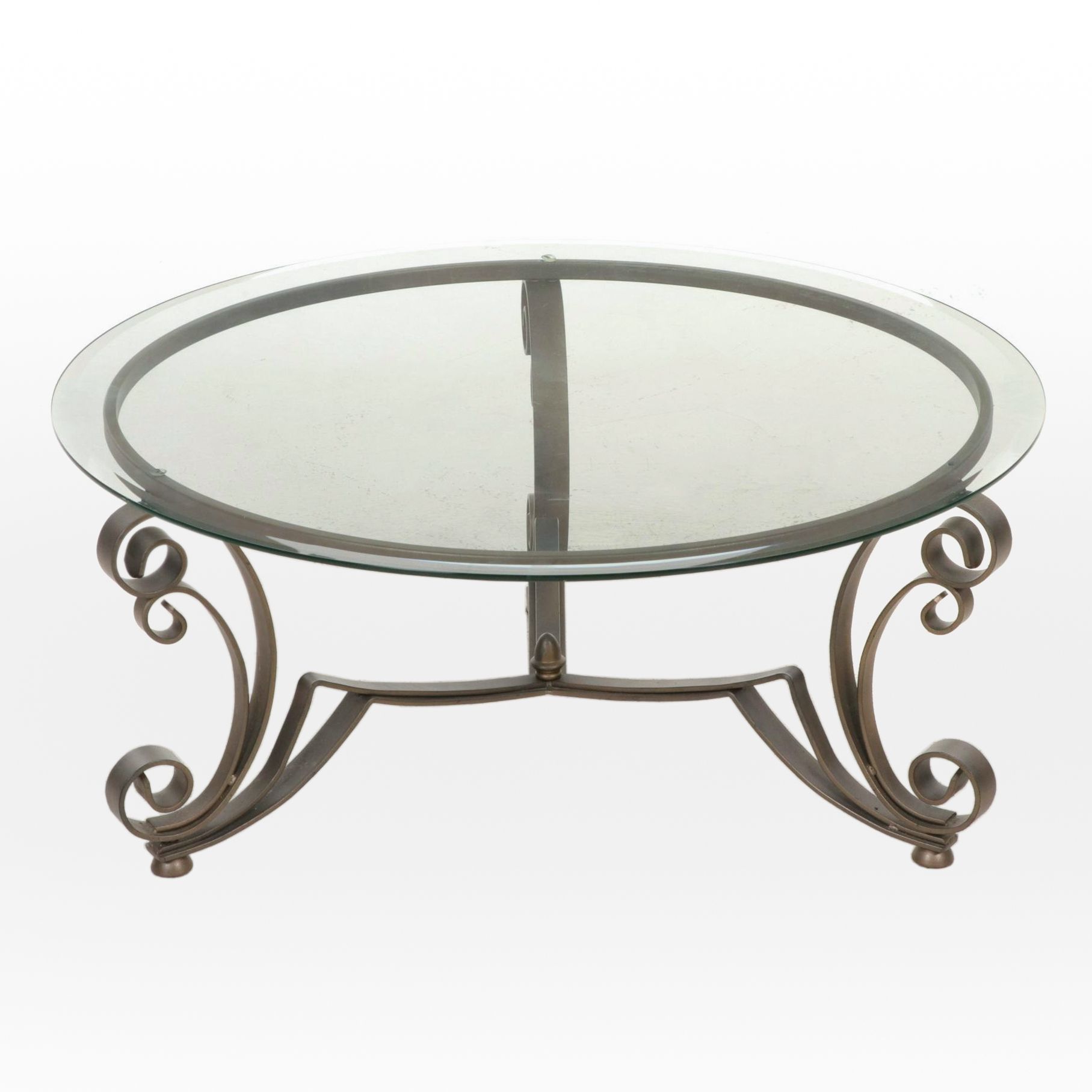 Contemporary Glass-Top Coffee Table with Metal Scroll Base | Everything ...