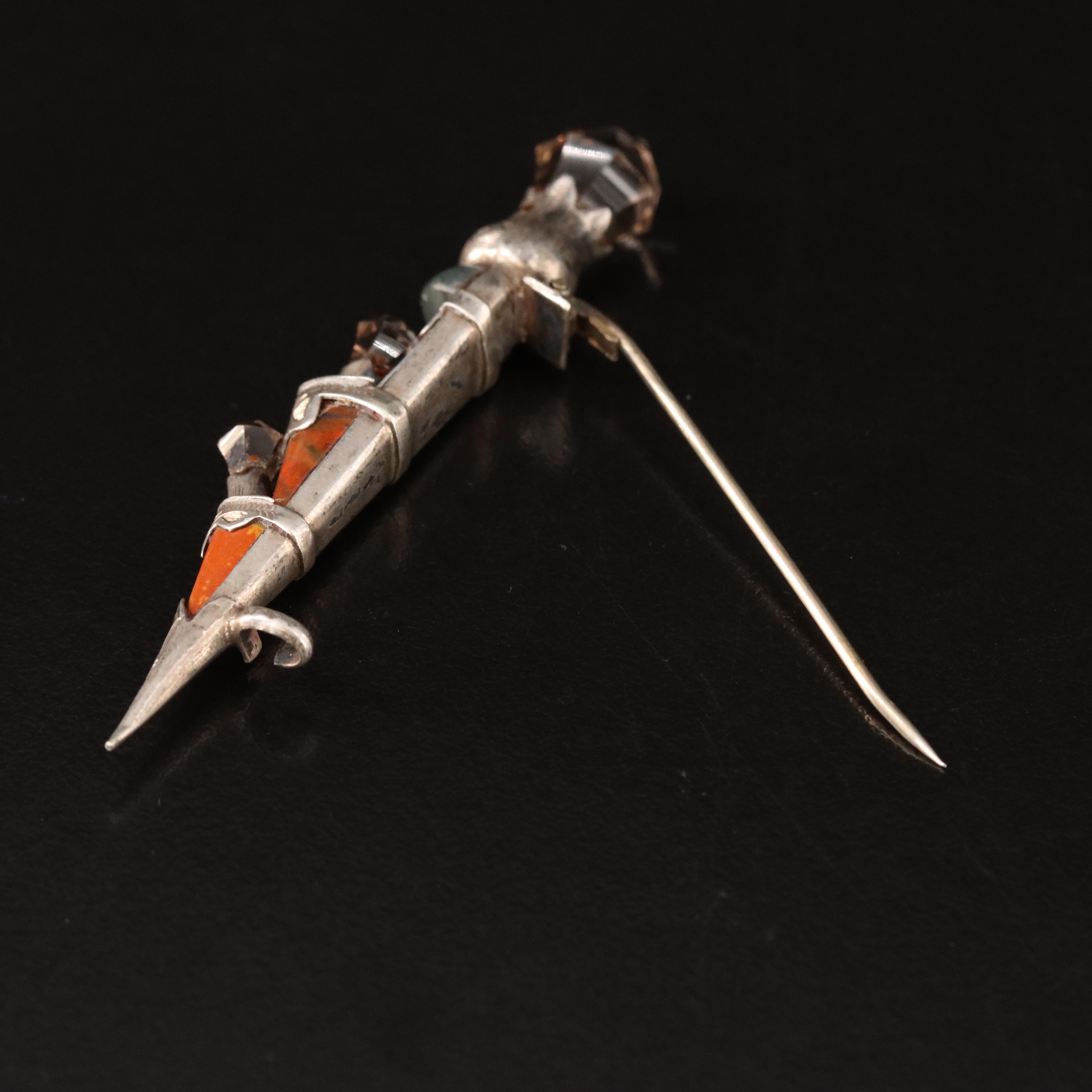 Scottish Victorian Sterling Agate, Jasper and Smoky Quartz Dirk Brooch ...