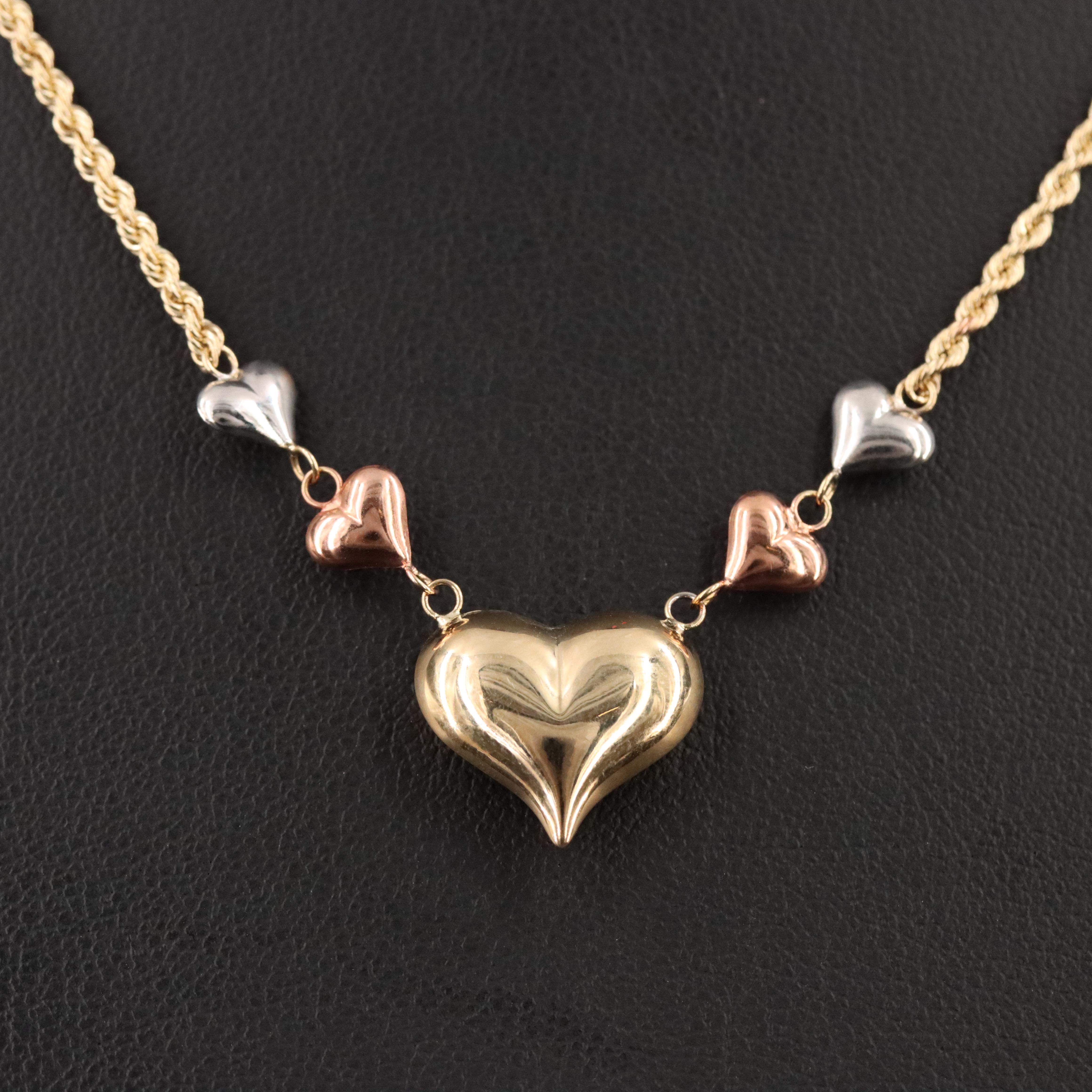 14K Tri-Color Puff Heart Rope Necklace | EBTH