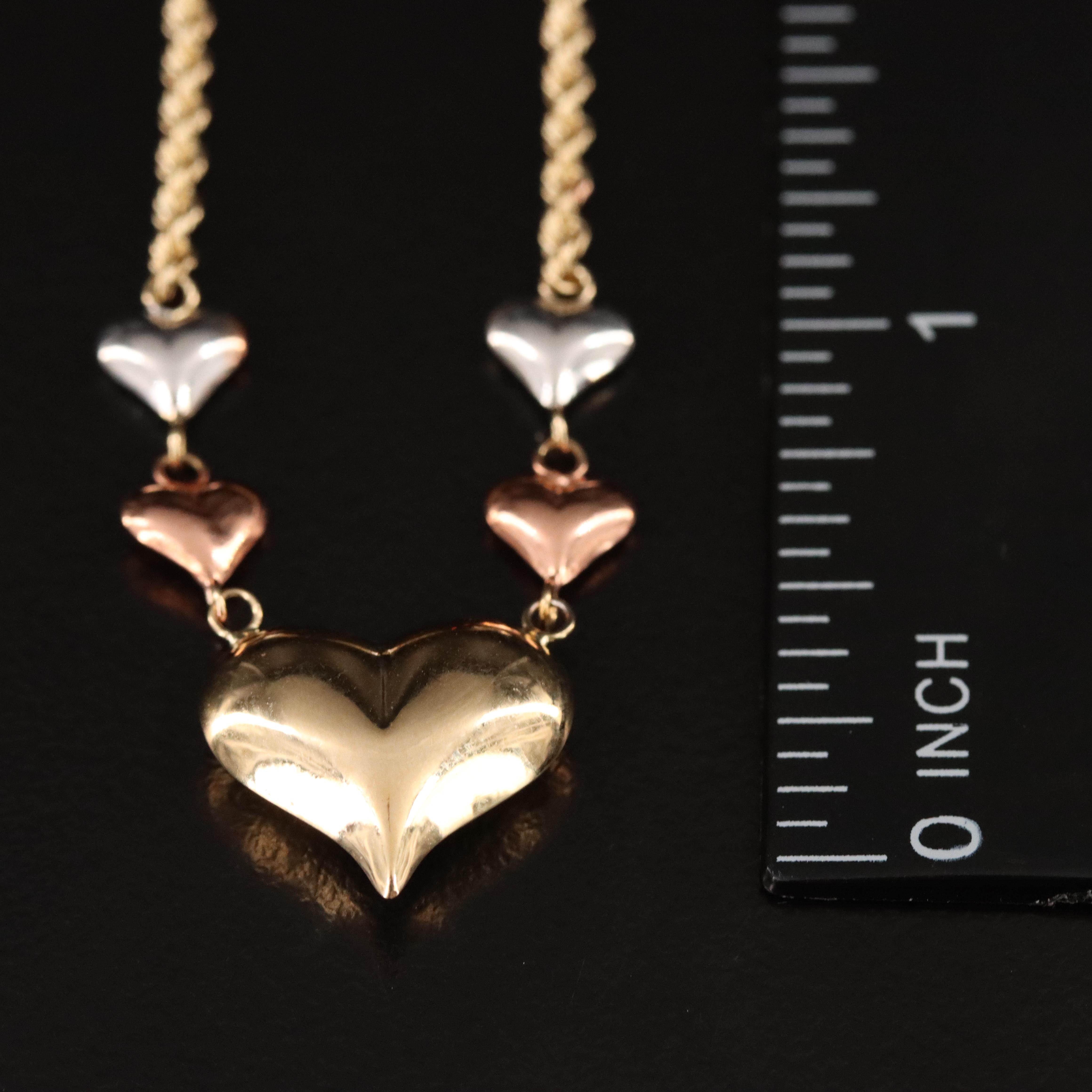 14K Tri-Color Puff Heart Rope Necklace | EBTH