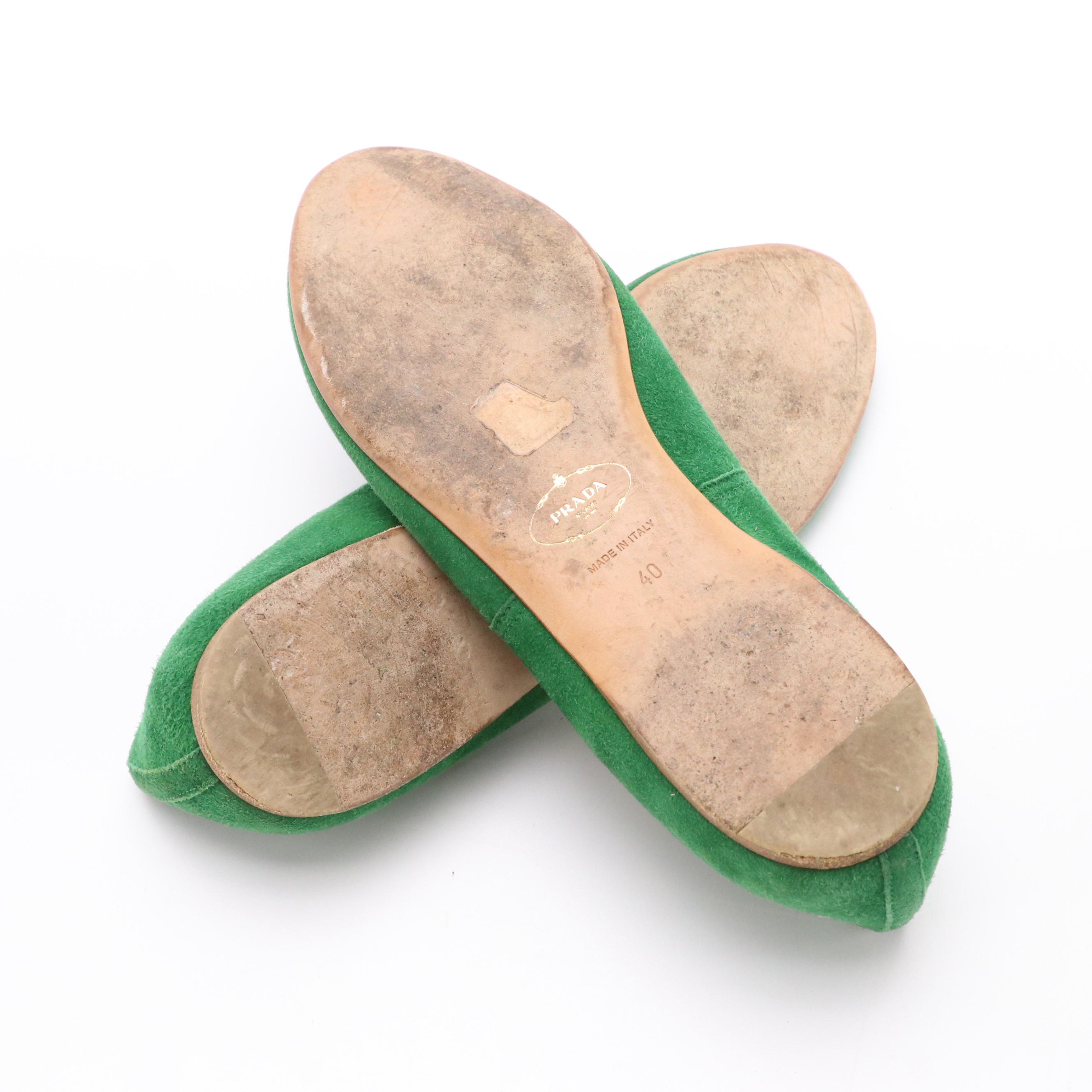 Prada Hunter Green Suede Peep-Toe Ballet Flats with Box | EBTH