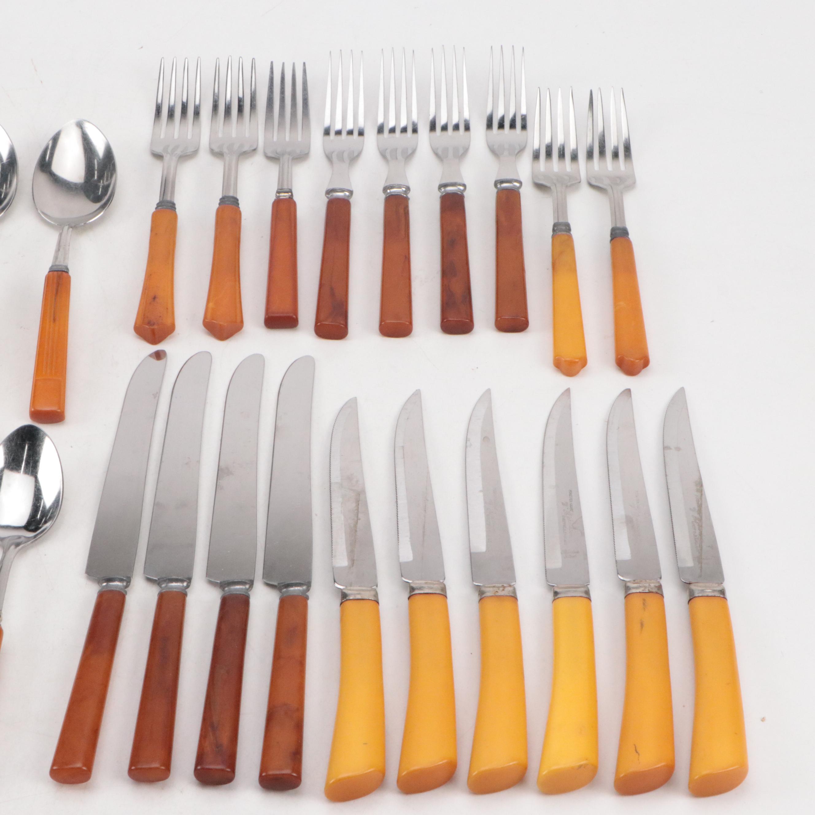Art Deco Style Butterscotch Bakelite Handled Flatware, Early to Mid ...