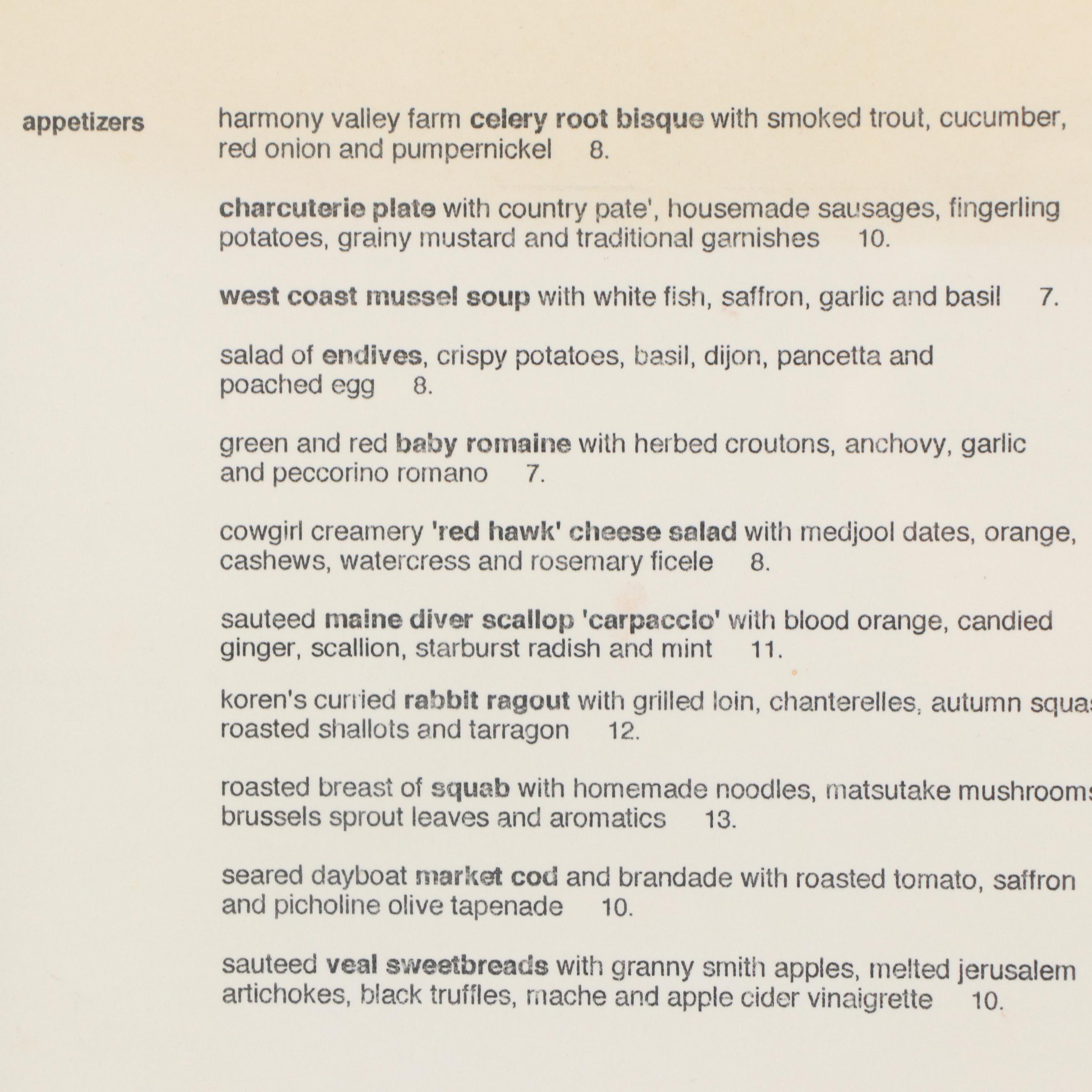 Blackbird Restaurant Menu With Autograph | EBTH