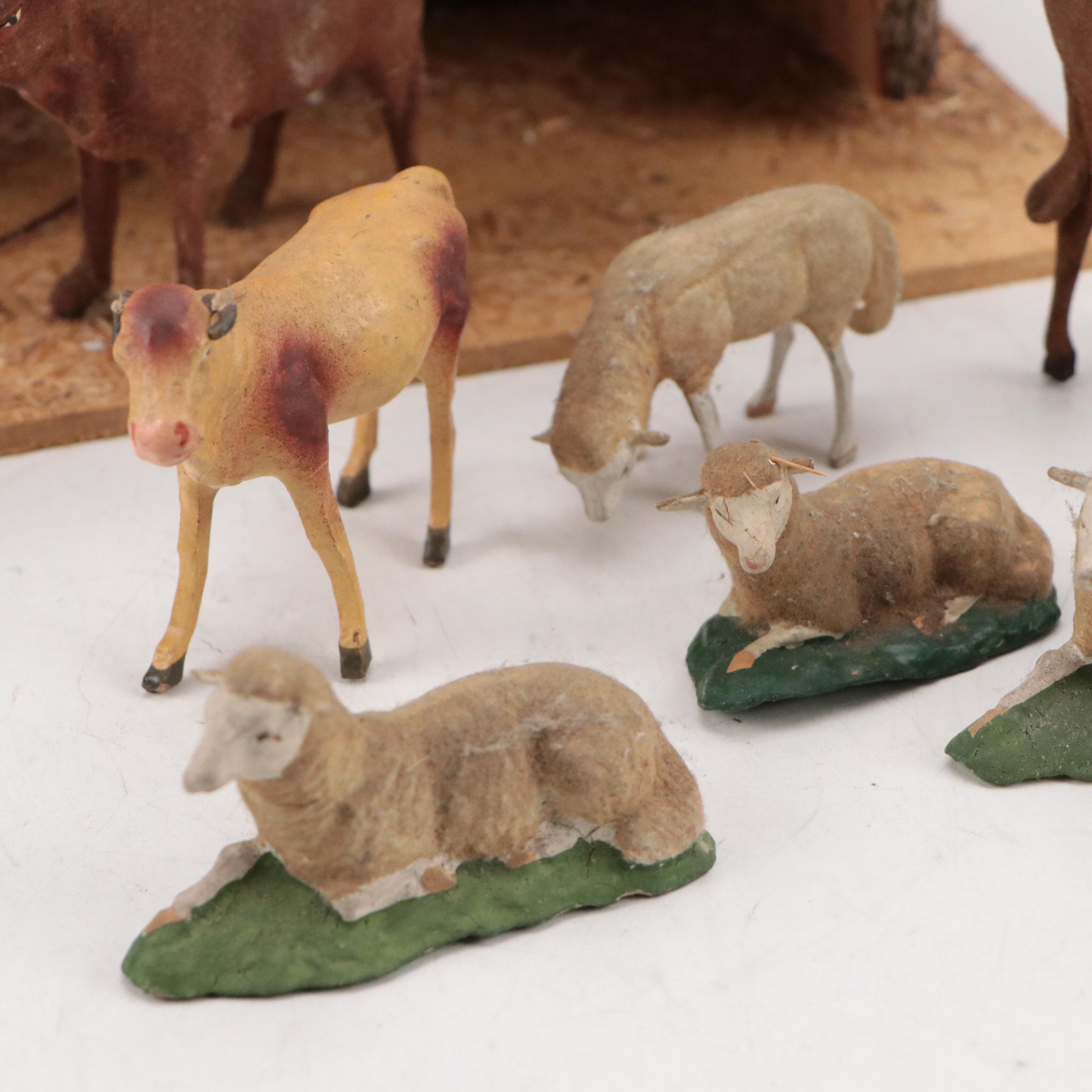 German Style Flocked Papier-Mâché Animals in Wood Nativity Creche | EBTH