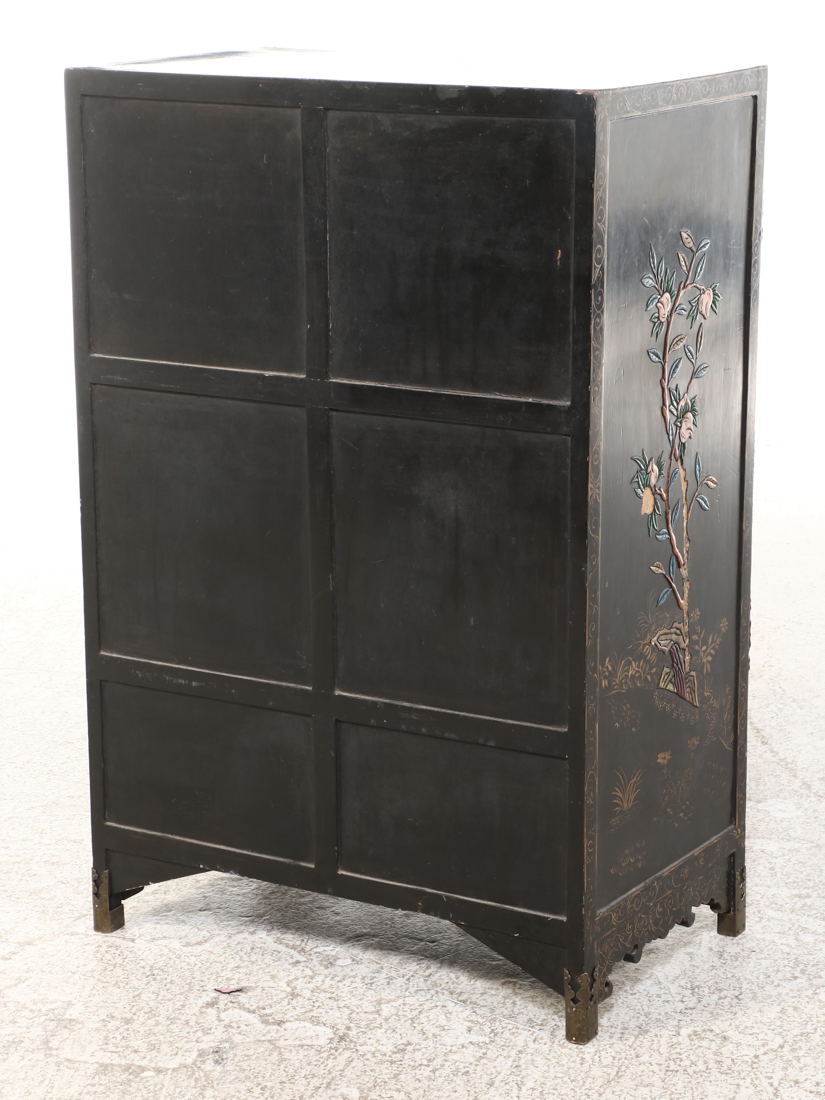 Chinese Polychromed Black Lacquer Cabinet | EBTH
