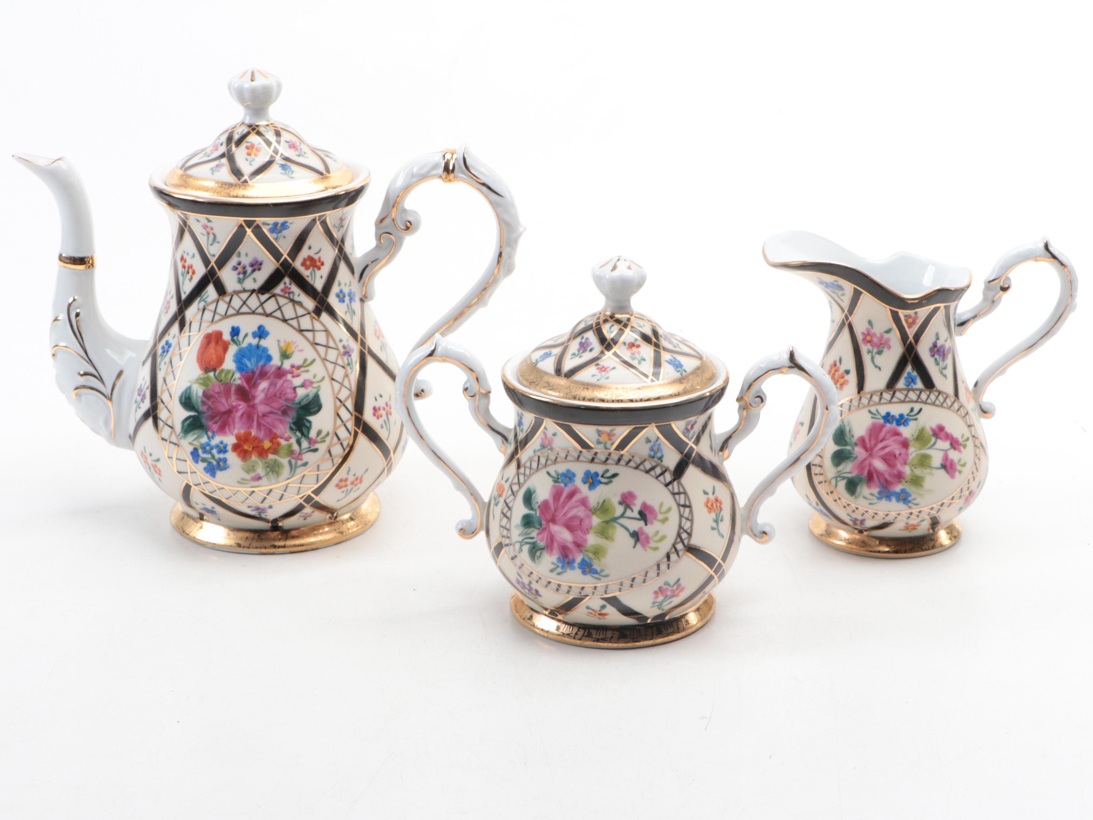 French Style Porcelain Gilt Accented Floral Pattern Tea Set | EBTH