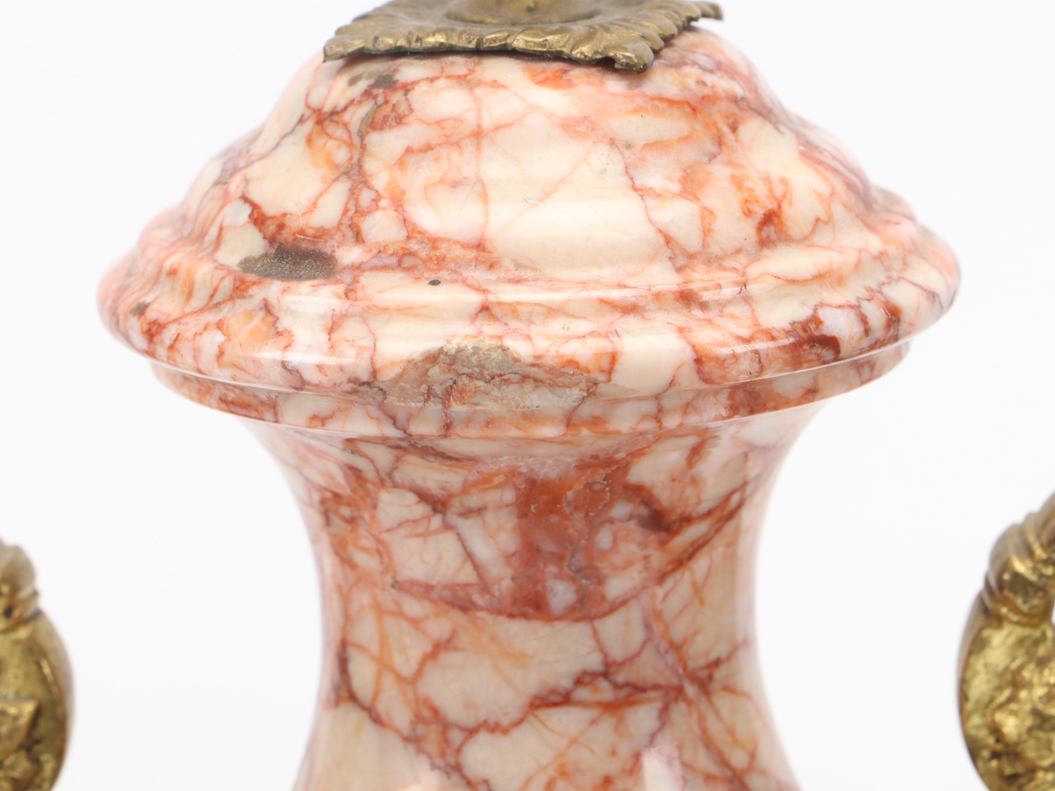 Art Deco Pink Marble with Bronze Trim Clock Garniture Sets, Early to ...