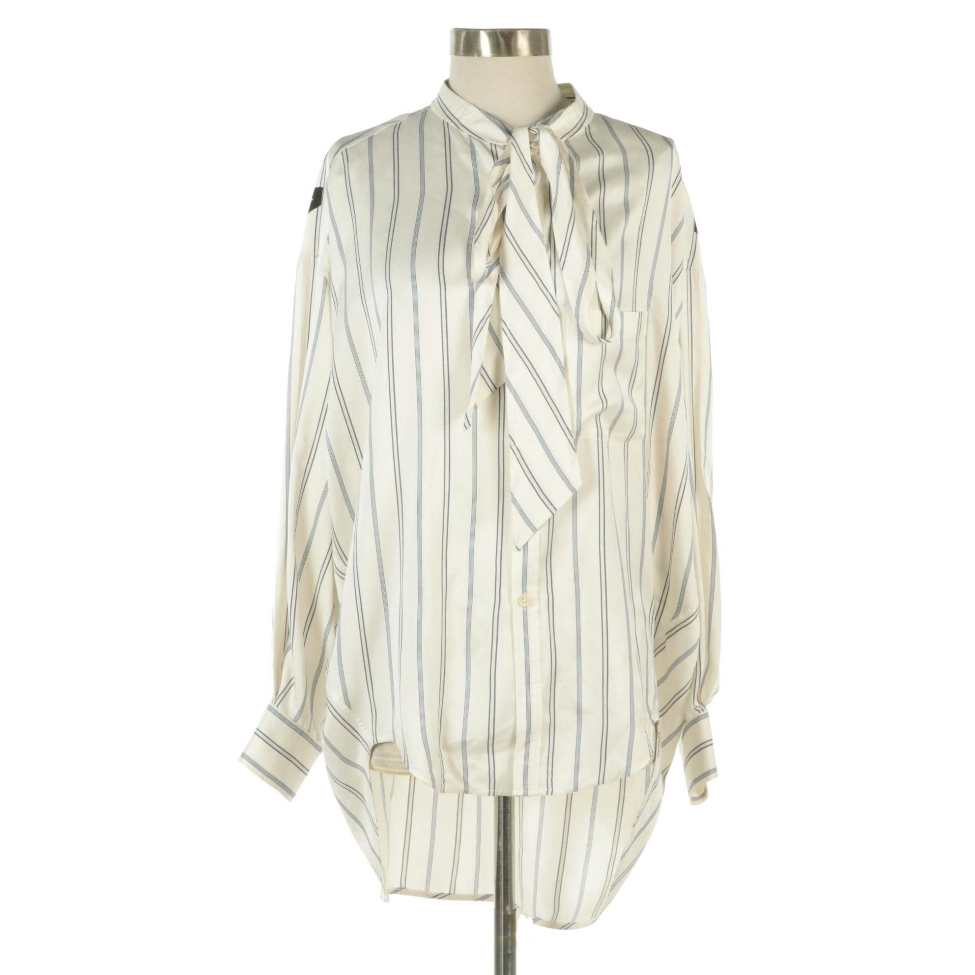 Balenciaga Bow-Tied Button-Down Blouse in Striped Silk with Oversized ...