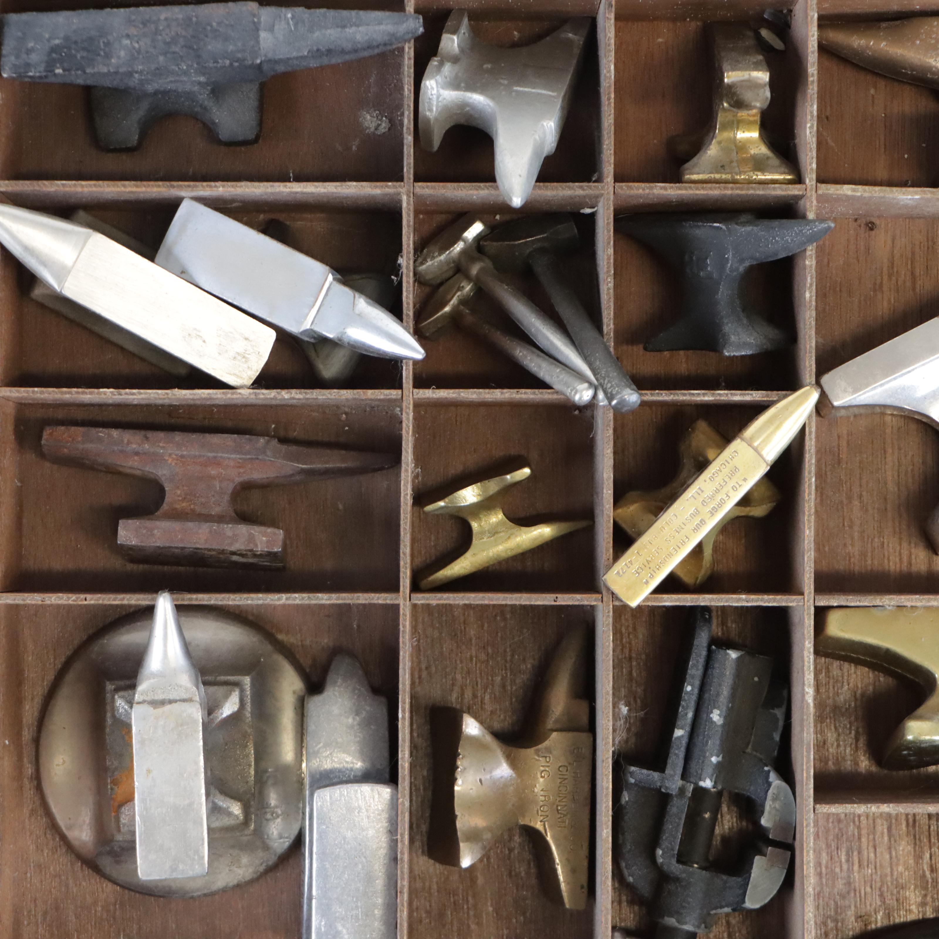 Wooden Typeset Box Filled with Small Anvils and Hammers, Early-Mid 20th ...