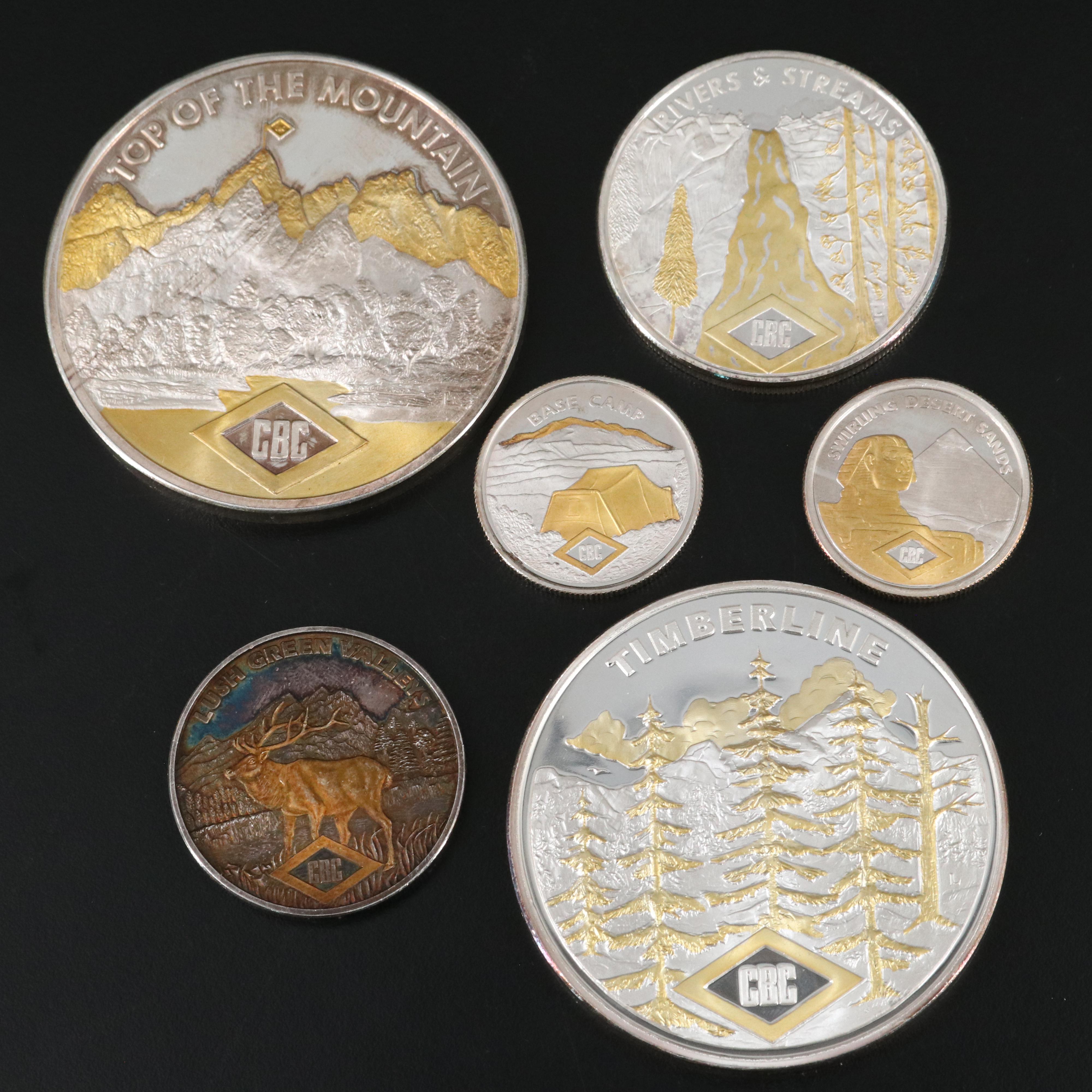 Six Different Silver Rounds Totaling 14 Ounces of .999 Silver with Gold ...