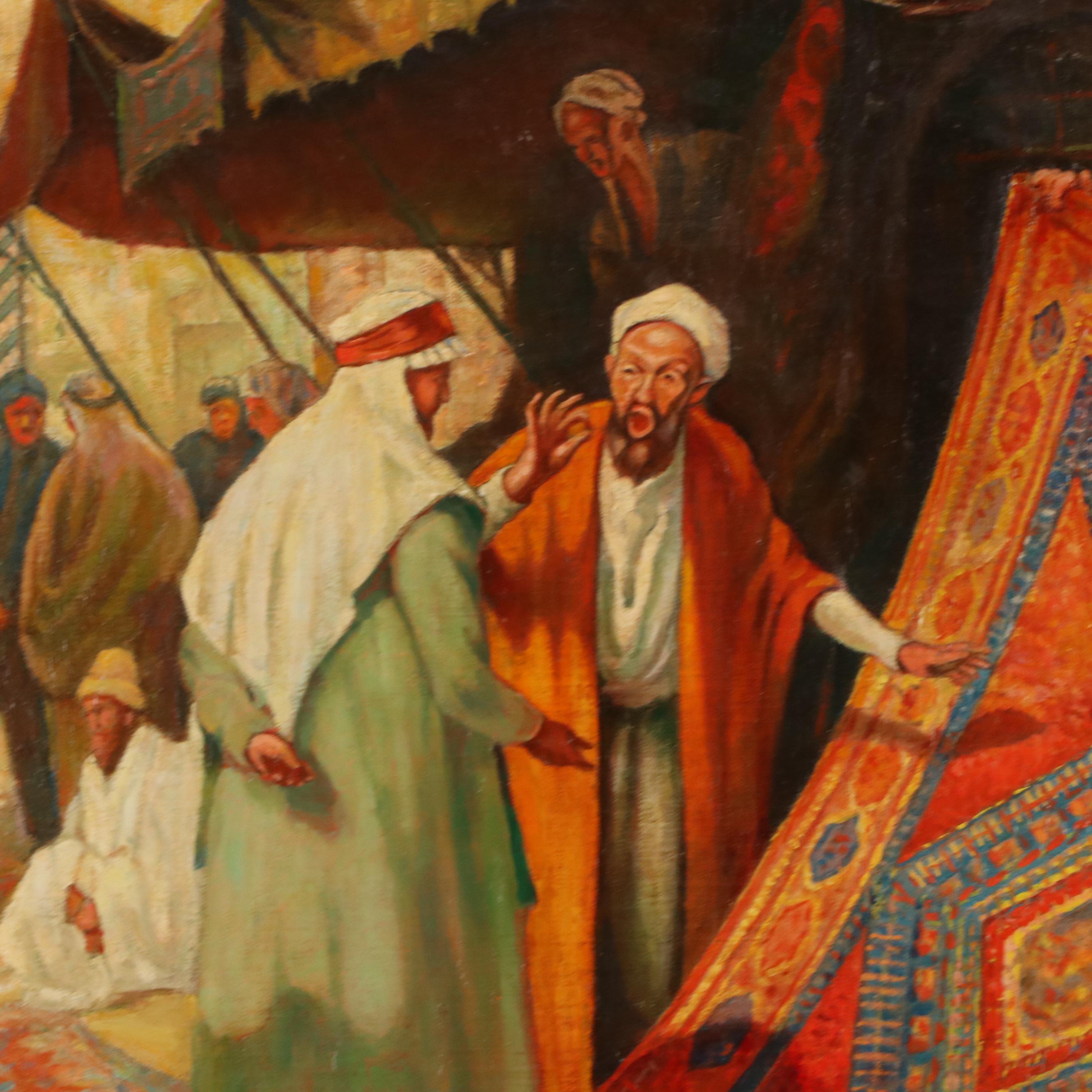 Oil Painting Featuring Middle Eastern Rug Salesman, Early 20th Century ...