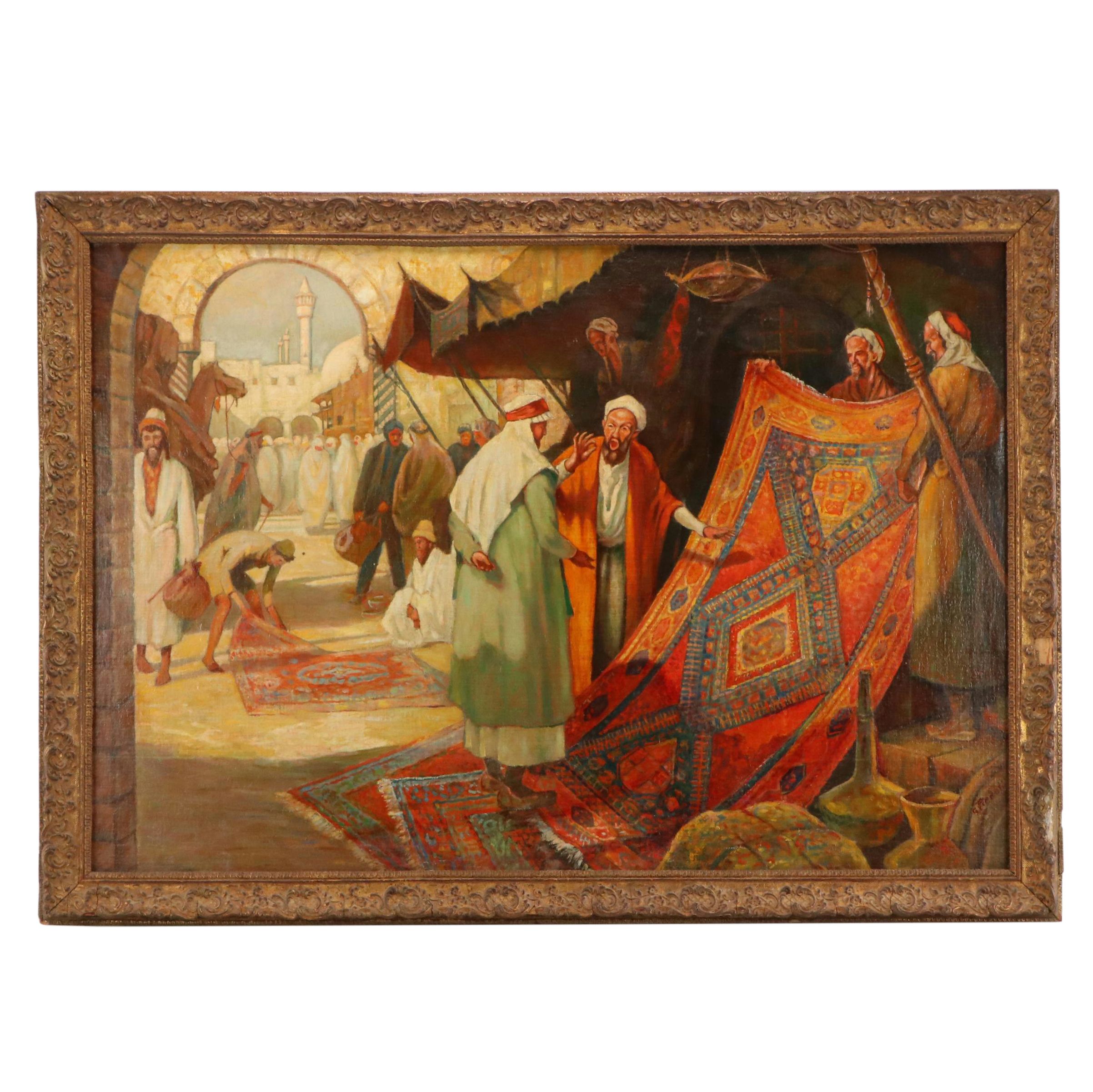 Oil Painting Featuring Middle Eastern Rug Salesman, Early 20th Century ...