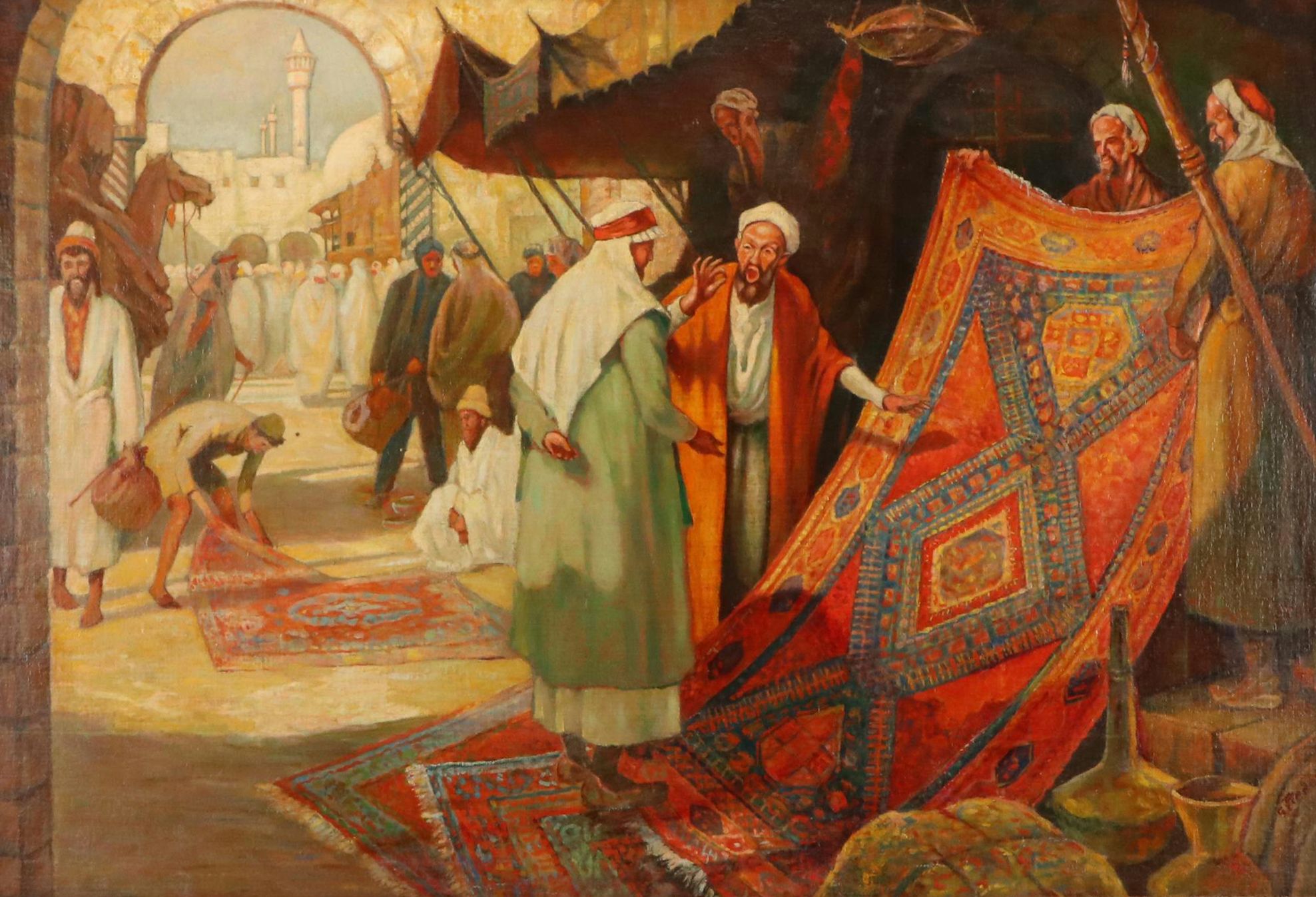 Oil Painting Featuring Middle Eastern Rug Salesman, Early 20th Century ...
