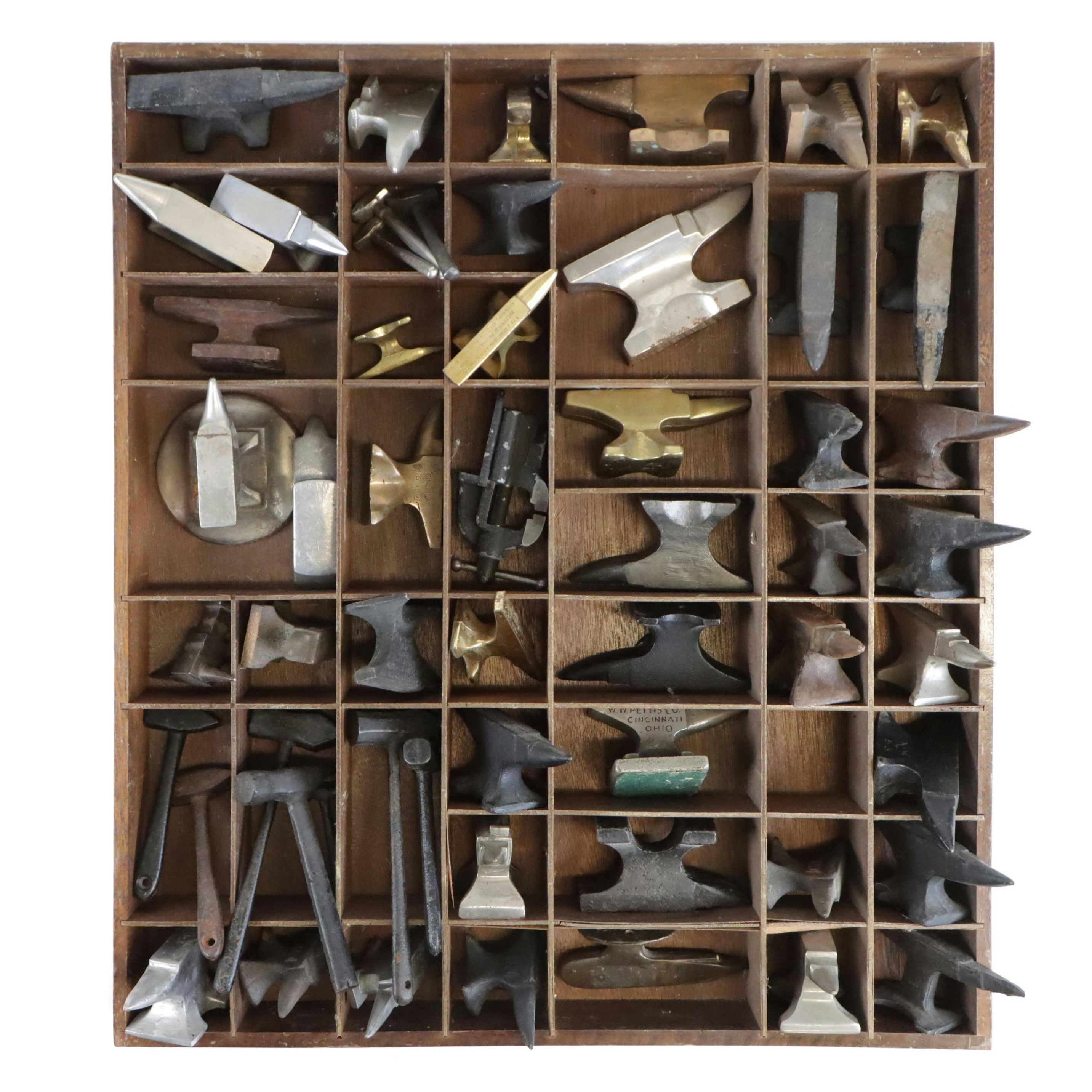 Wooden Typeset Box Filled with Small Anvils and Hammers, Early-Mid 20th ...