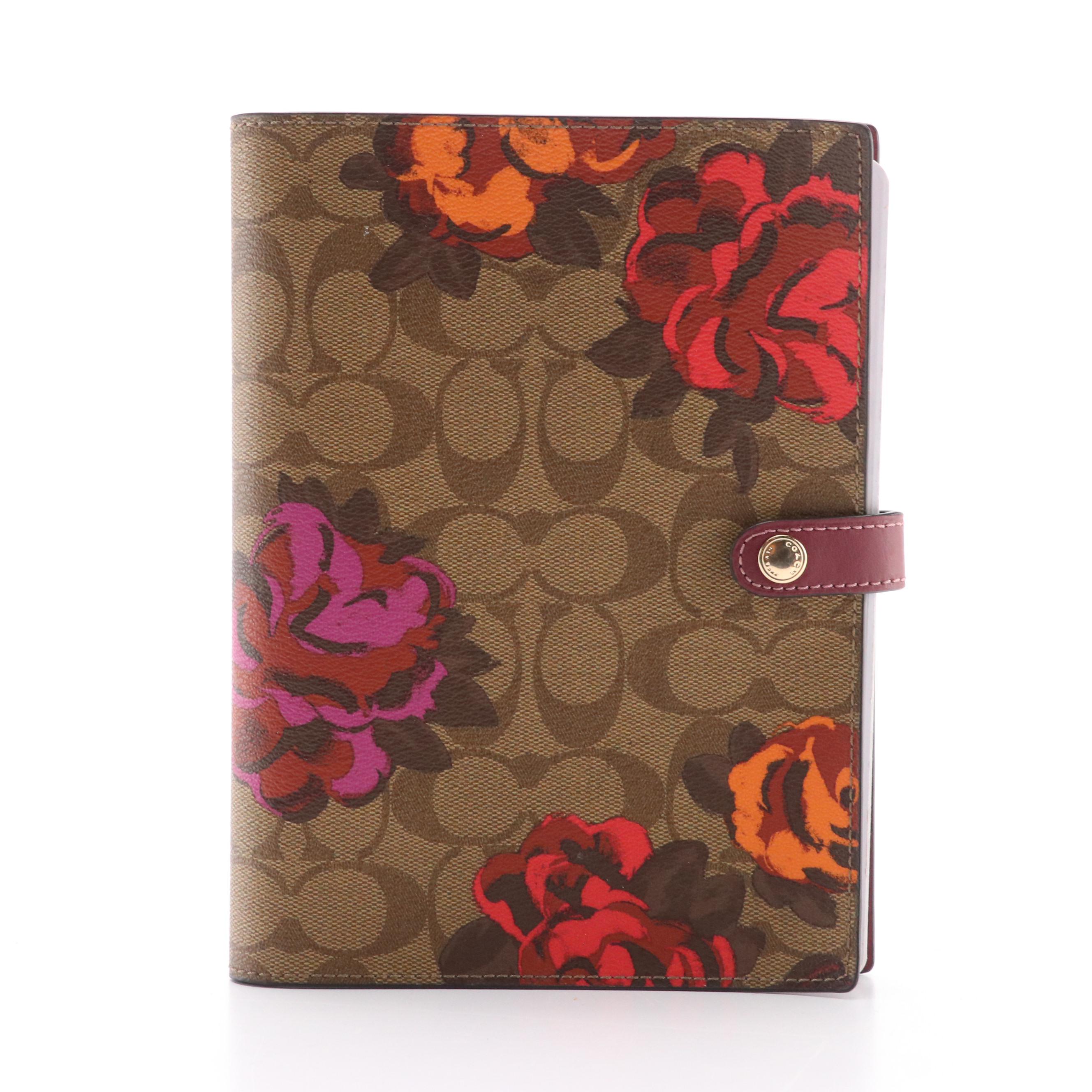 Coach Notebook in Jumbo Floral Print Signature Canvas, White/Silver Zip ...