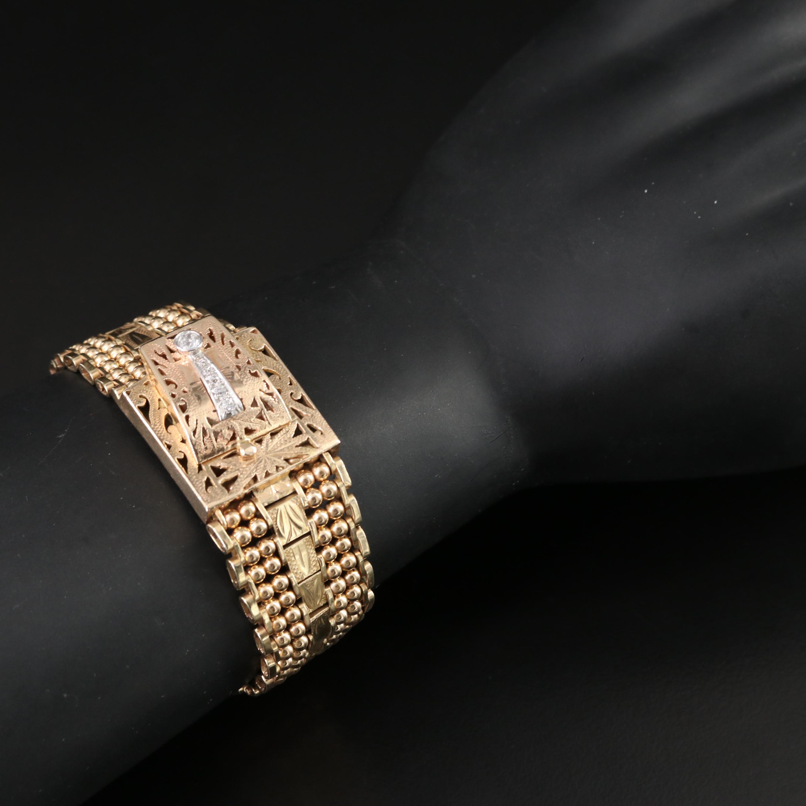 14K Ornate Diamond Dial Cover Stem Wind Jules Watch | EBTH