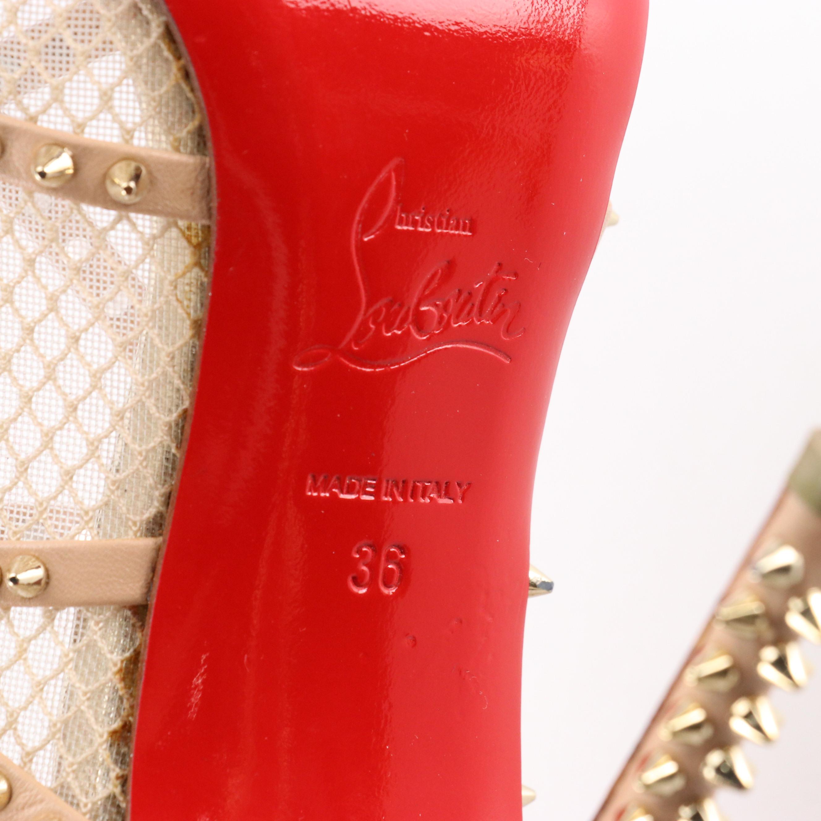Christian Louboutin Beige "Alarc 100" Studded Strappy Fishnet Peep-Toe Pumps | EBTH