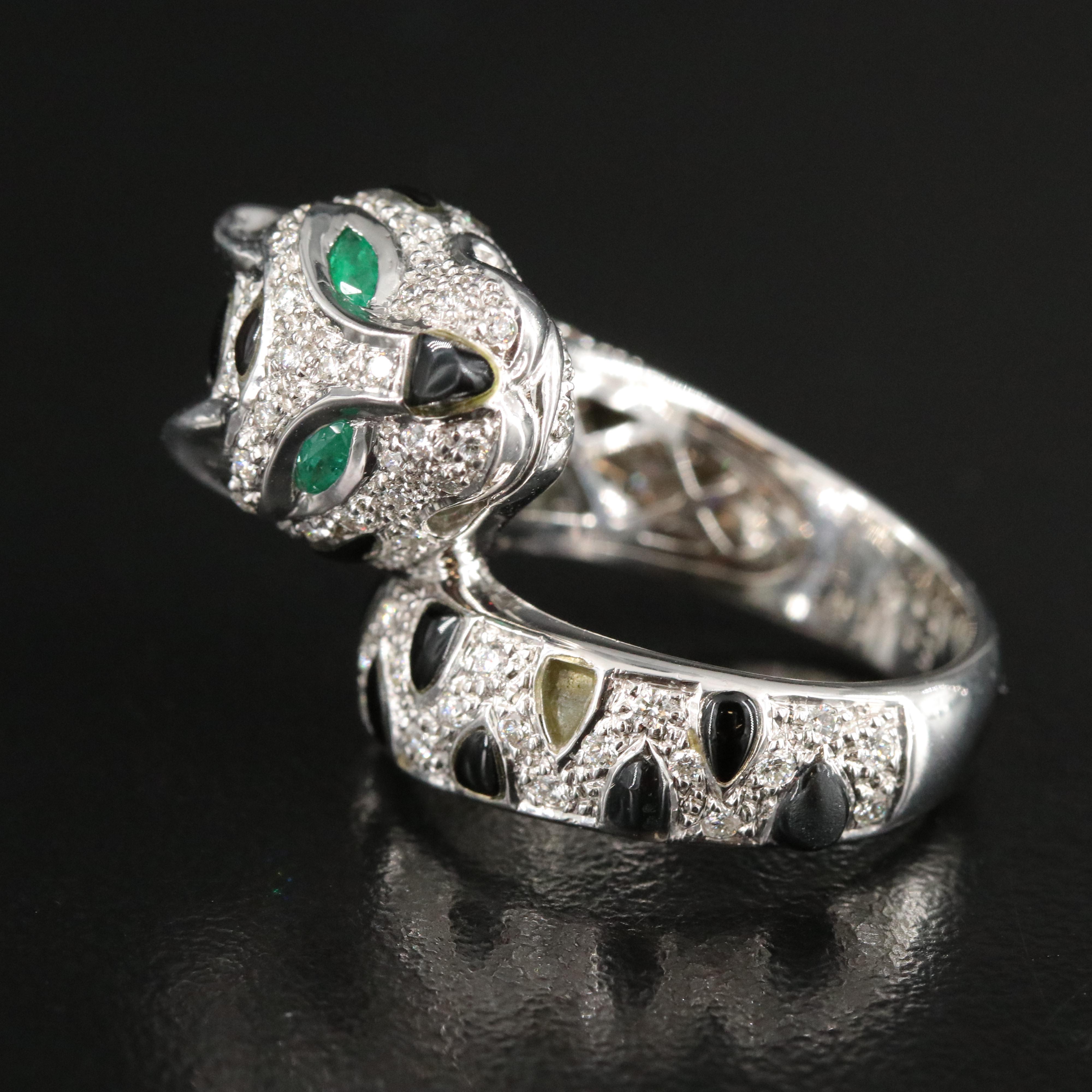 Platinum Diamond, Black Onyx and Emerald Leopard Ring | EBTH