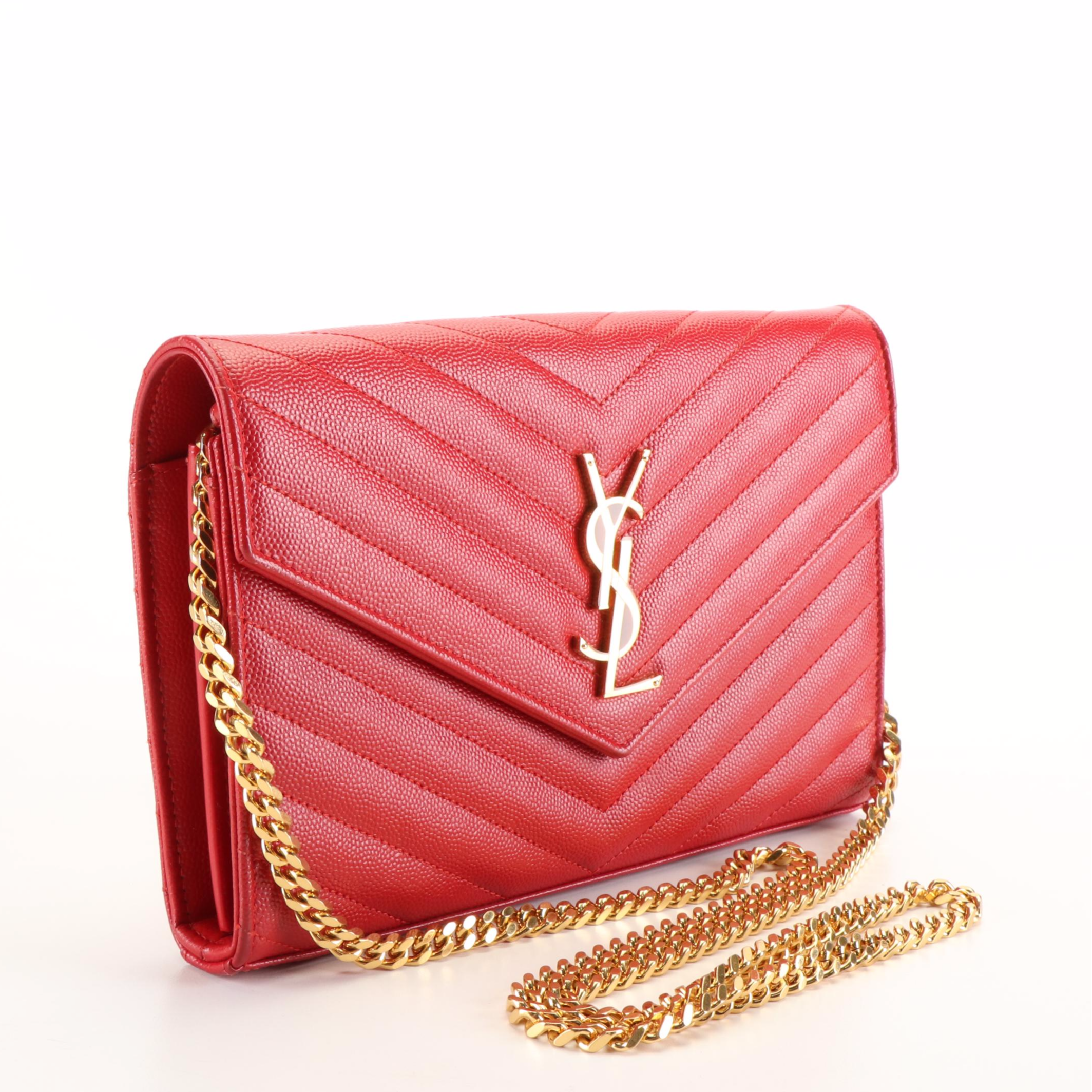 Yves Saint Laurent Wallet on Chain in Red Grained Matelassé Chevron ...
