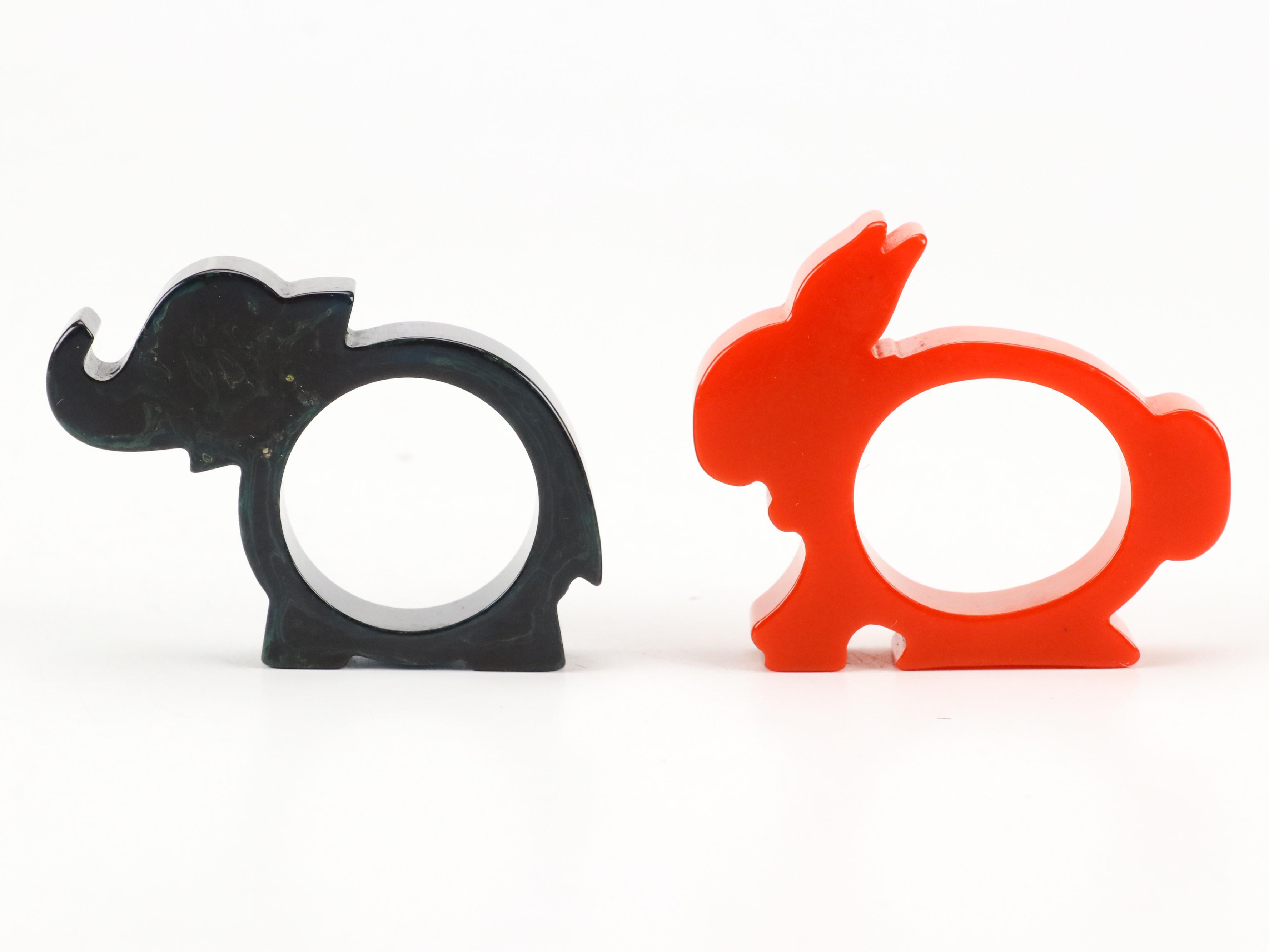 Art Deco Bakelite Rabbit, Elephant, Scottie Dog and Fish Napkin Rings ...