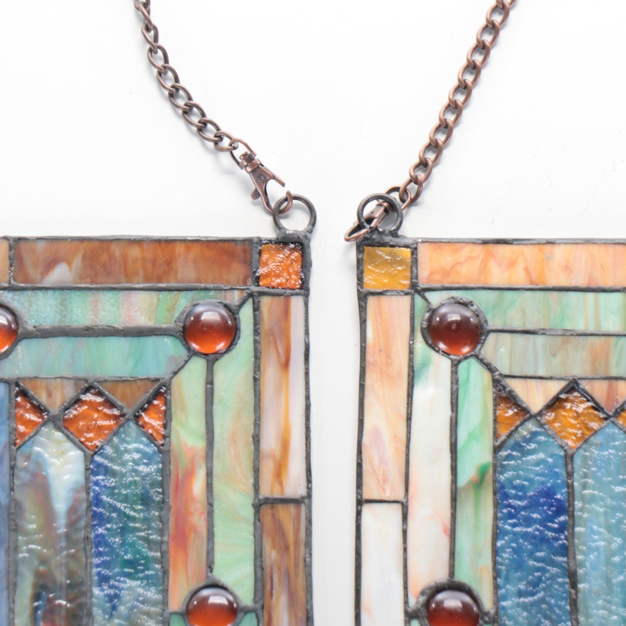 Pair Of Victorian Style Stained And Slag Glass Window Panels 21st C Ebth
