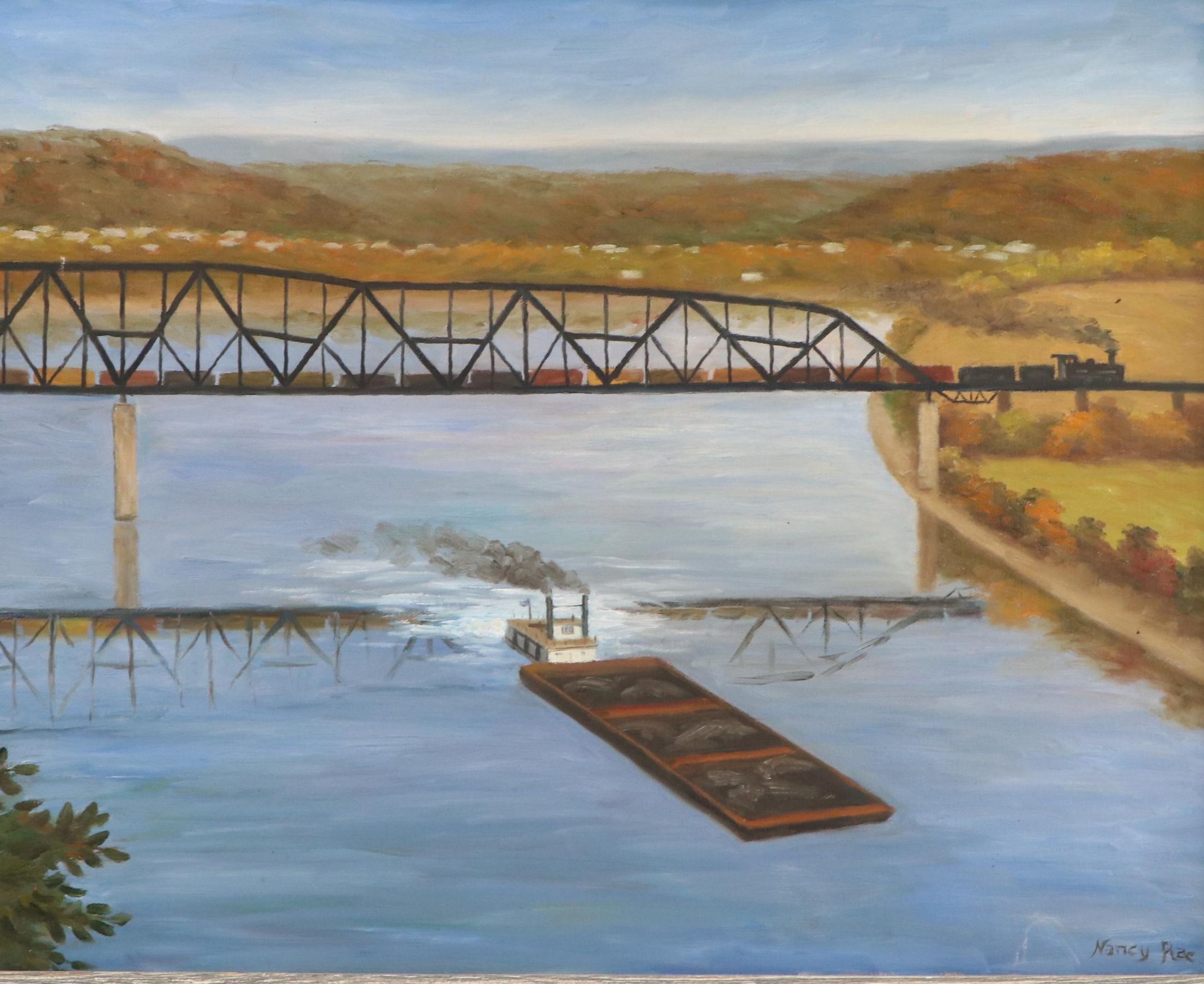 Nancy Rae Oil Painting of Barge Passing Under a Train Bridge | EBTH