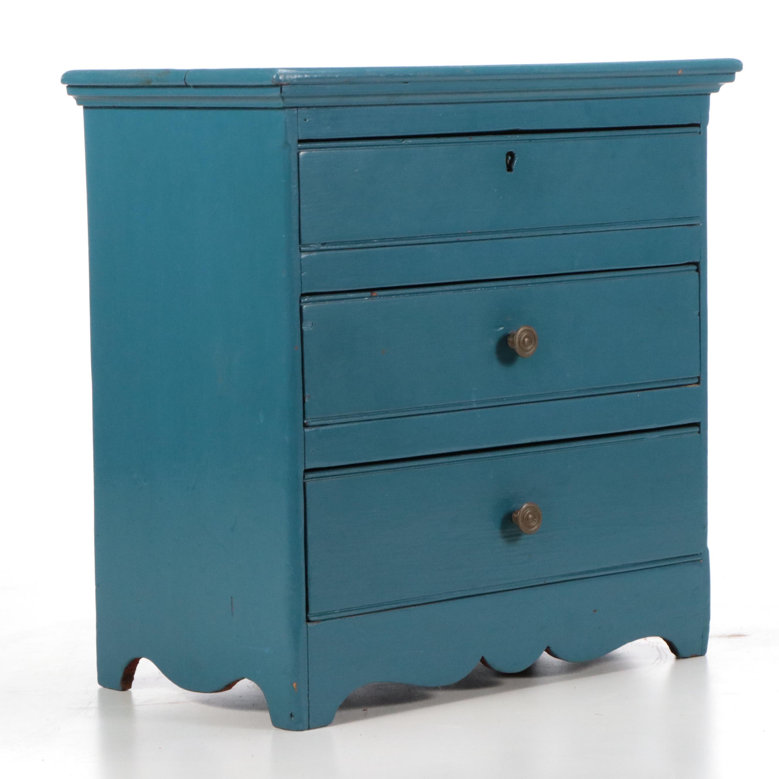 American Primitive Style Blue Painted Wood Three-Drawer Tabletop Chest ...