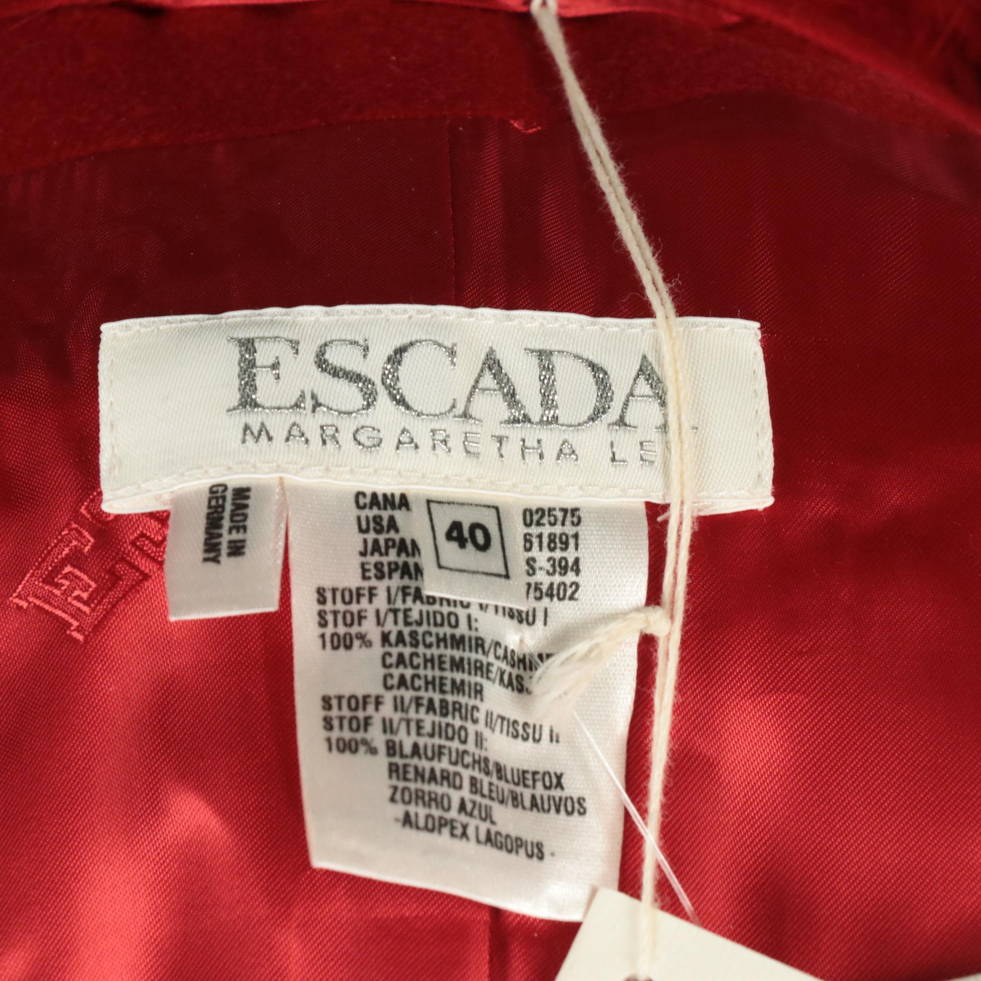 Escada Red Cashmere Coat with Dyed Blue Fox Fur Collar | EBTH
