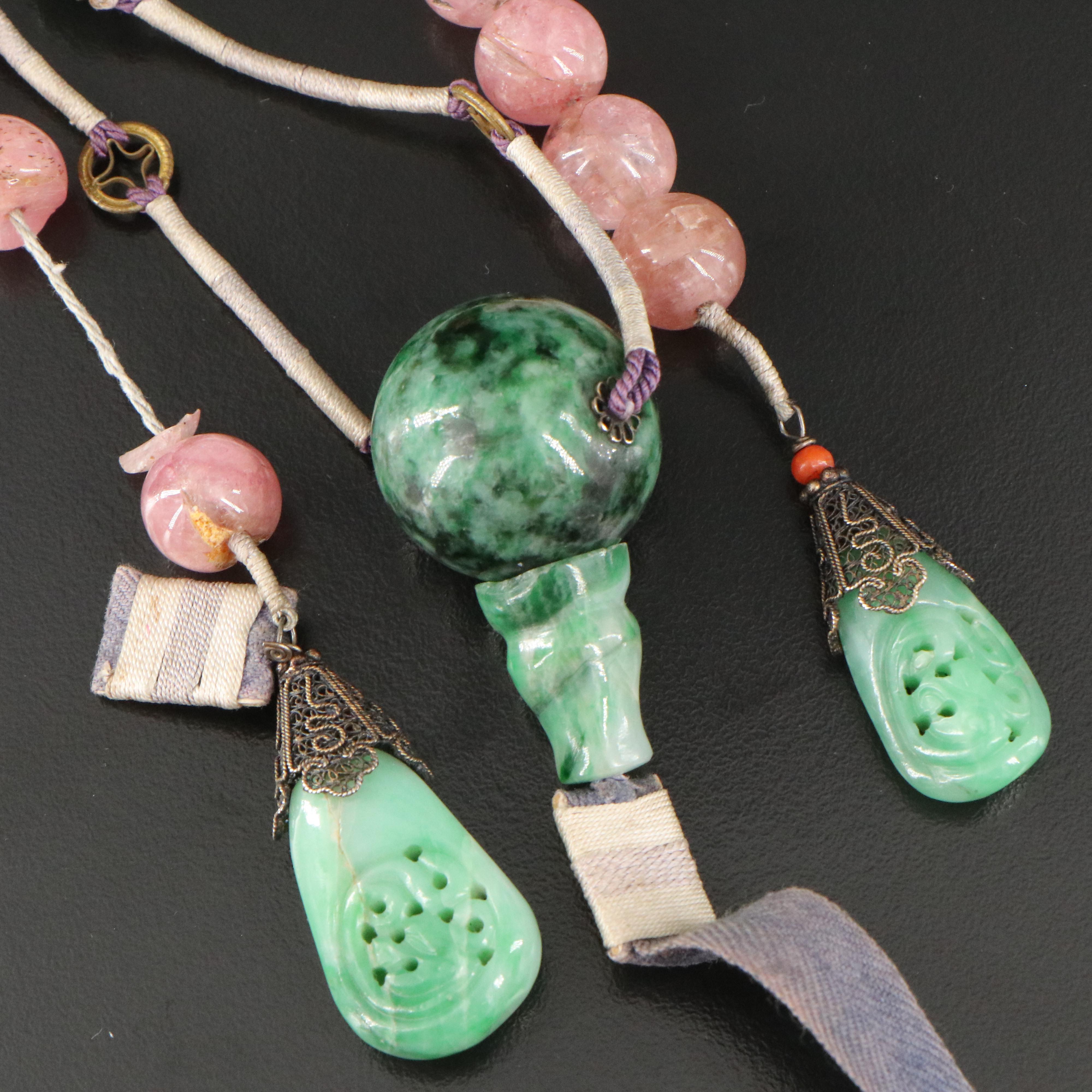Antique Chinese Jade, Jadeite and Rose Quartz Necklace | EBTH